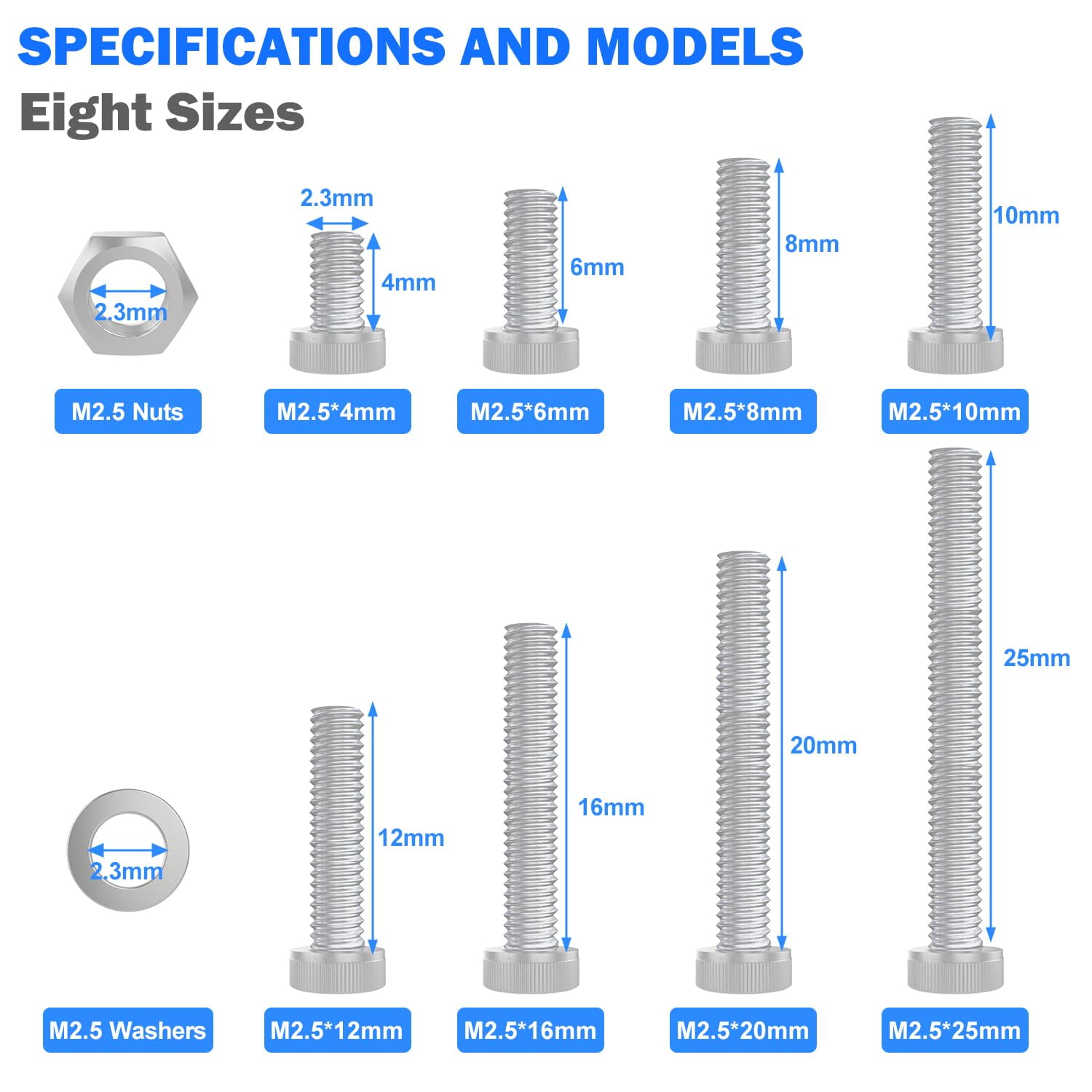 GHRTGR-M2.5 Screws Assortment Set,M2.5 x 4/6/8/10/12/16/20/25mm Hex Socket Head Cap Screw Bolts ...