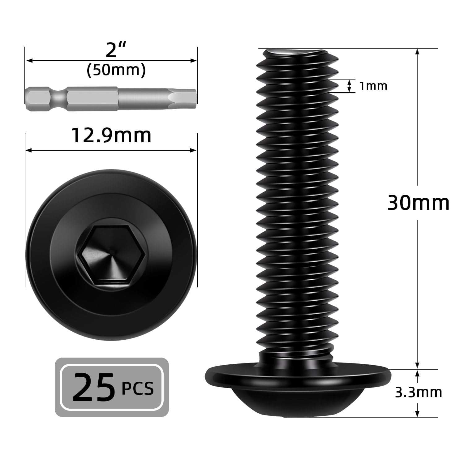 GHRTGR-M6-1.0 x 30mm 25 PCS Flanged Button Head Socket Cap Bolts Screws ...