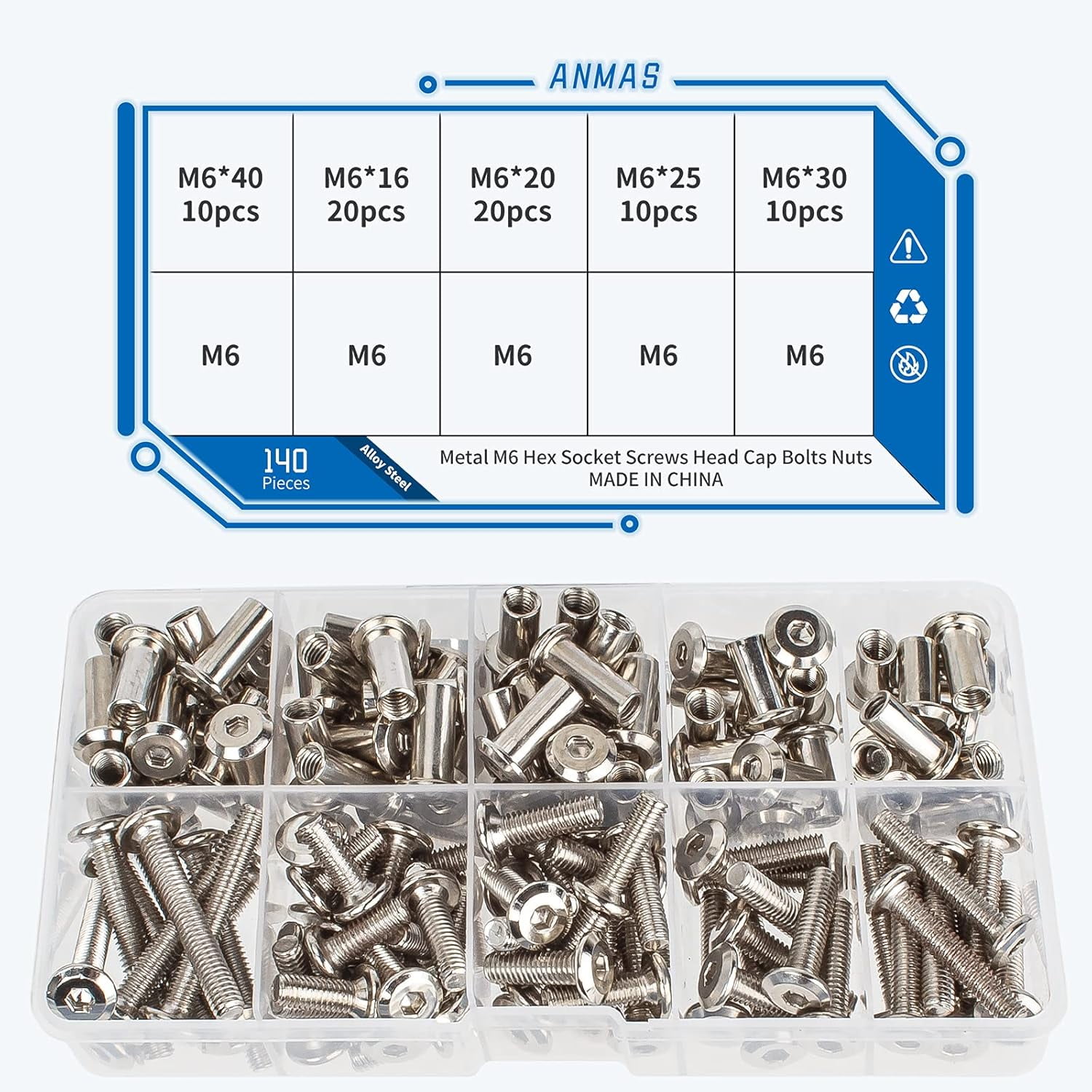 GHRTGR-M6 x 16mm/20mm/25mm/30mm/40mm 140Pcs Hex Socket Screws Head Nuts ...