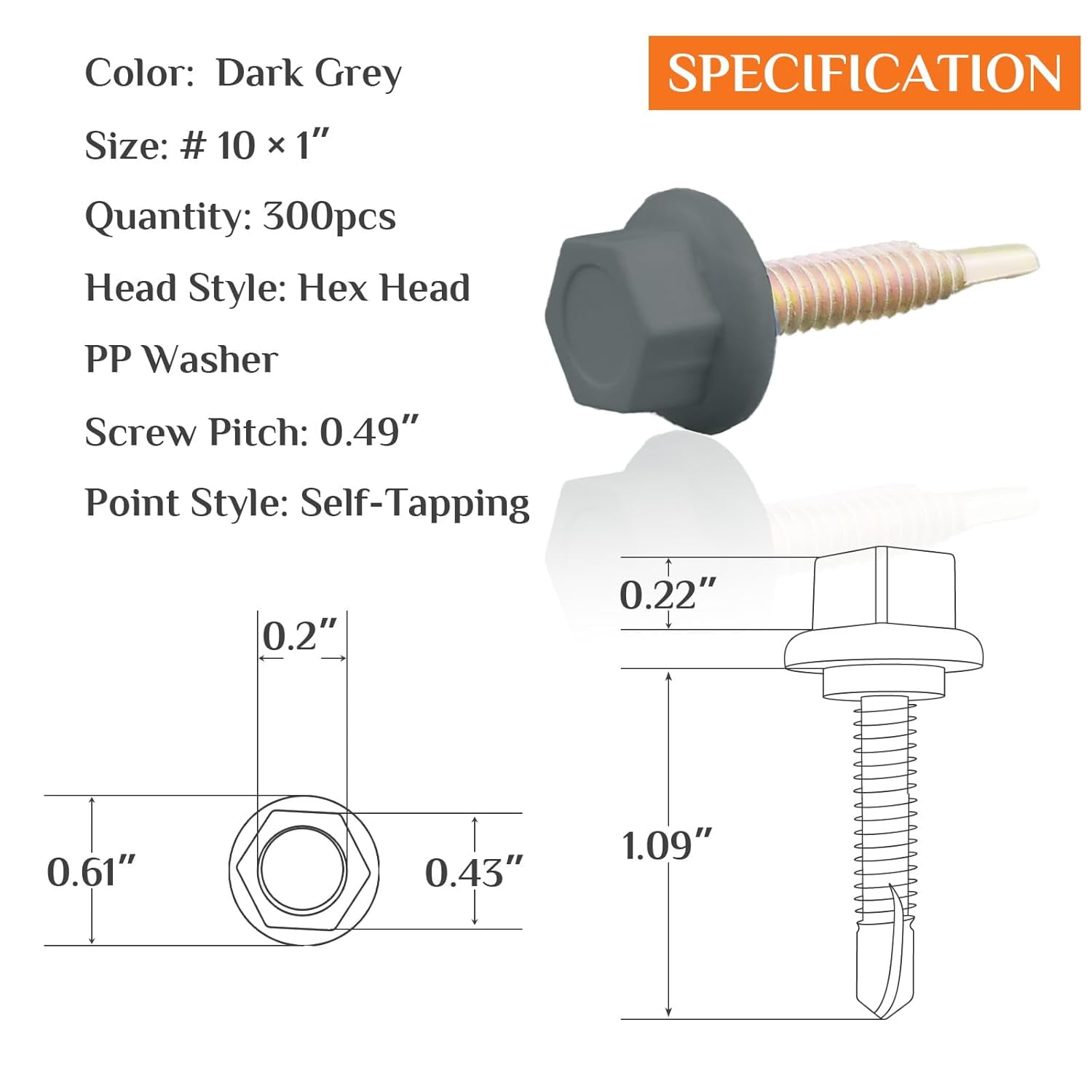 GHRTGR-Metal Roofing Screws #10 × 1 Inch, 300 PCS, Zinc Plated Hex Head Sheet Metal Roof Screws ...