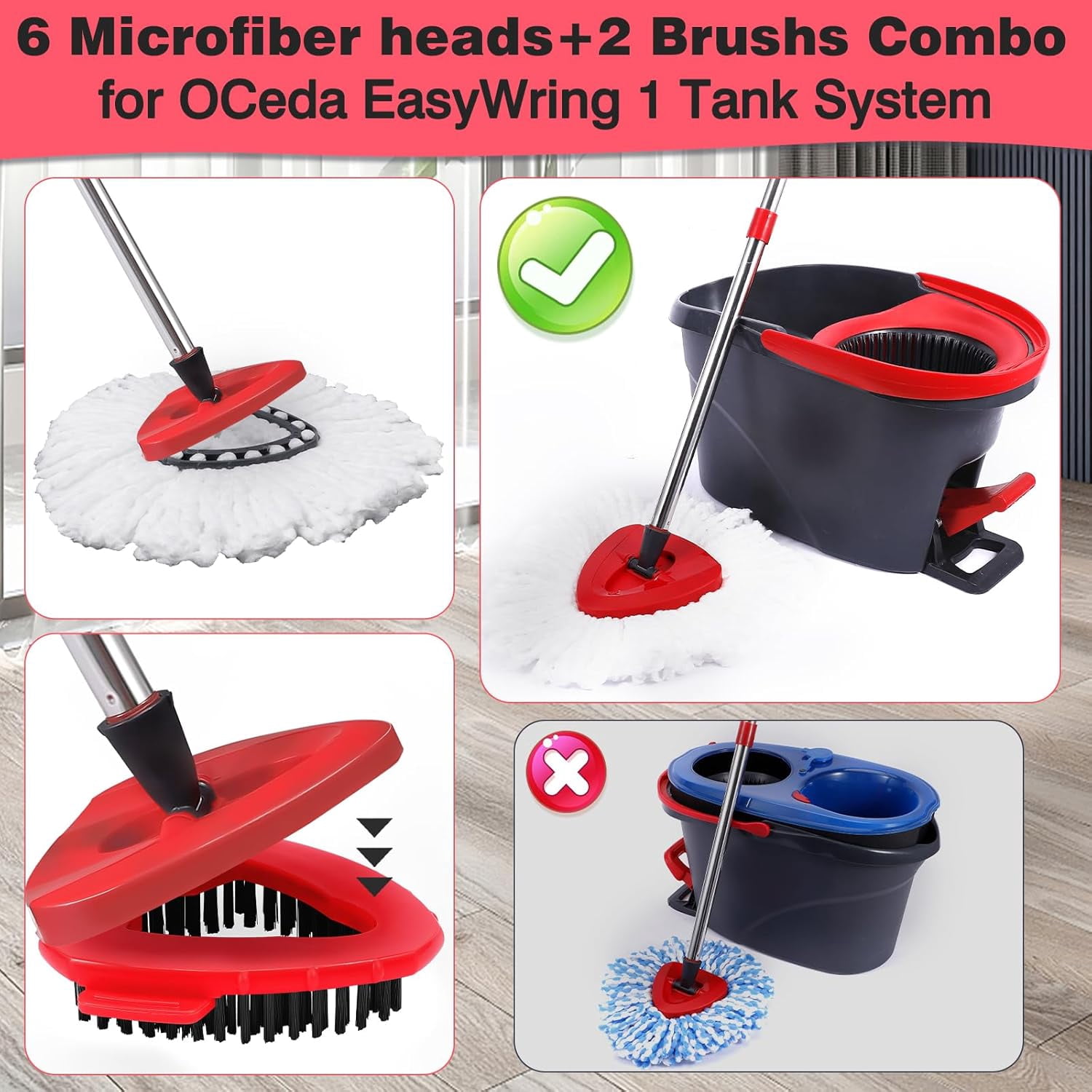 GHRTGR-Mop Replacement Heads 6 Pcs & 2 Scrub Brushes Combo for Ocedar ...