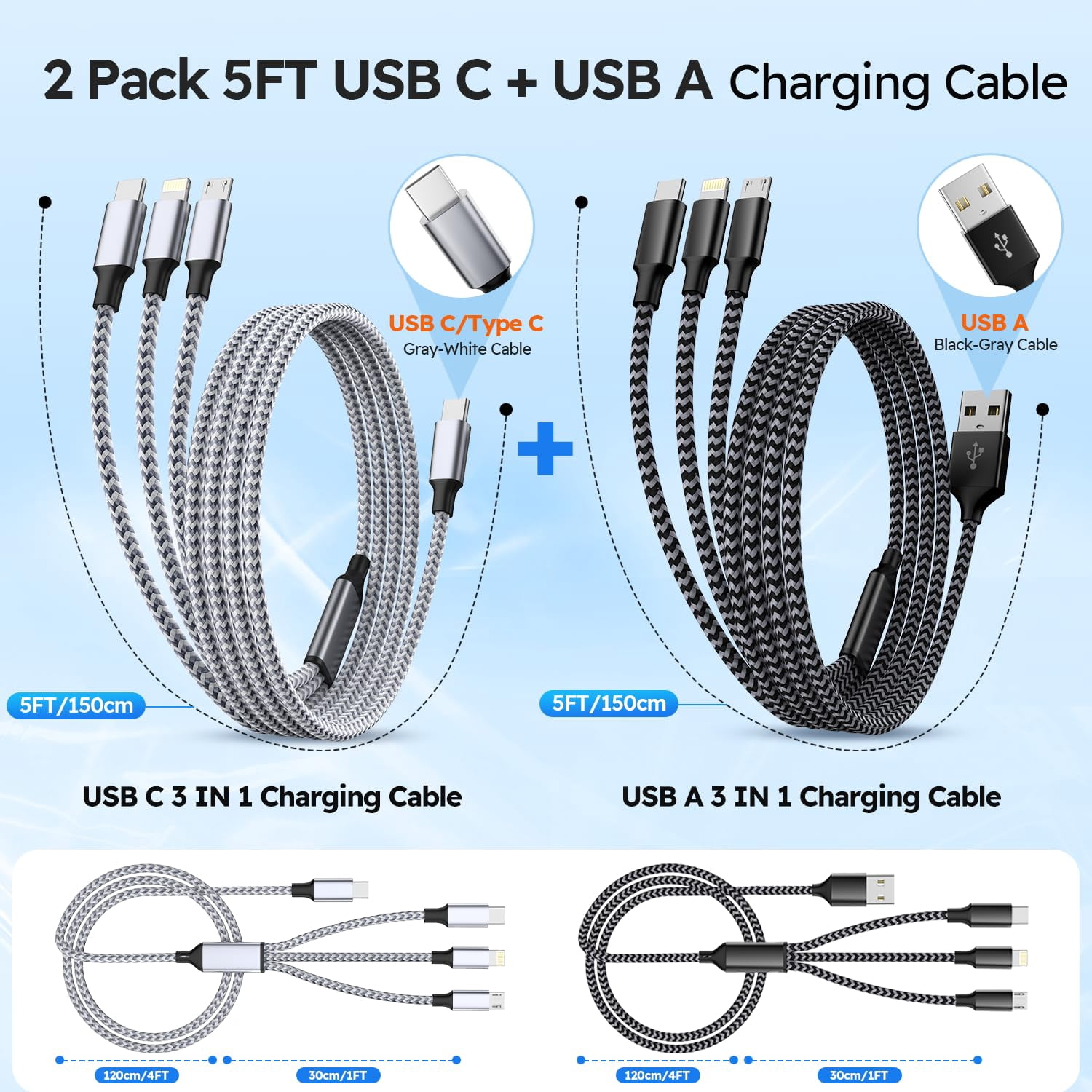 GHRTGR-Multi Charging Cable (5FT 2Pack), 3 in 1 Charging Cable, USB A/C ...