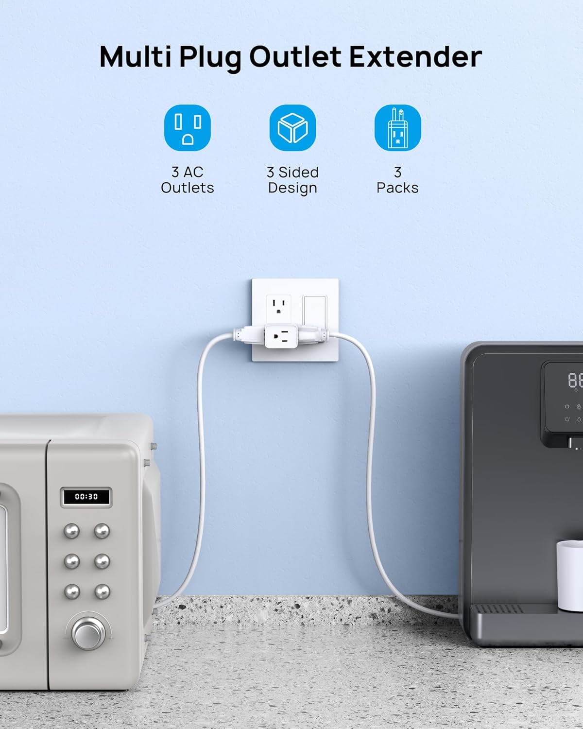 GHRTGR-Multi Plug Wall Outlet Extender - 3 Pack Multiple Plug Extension ...