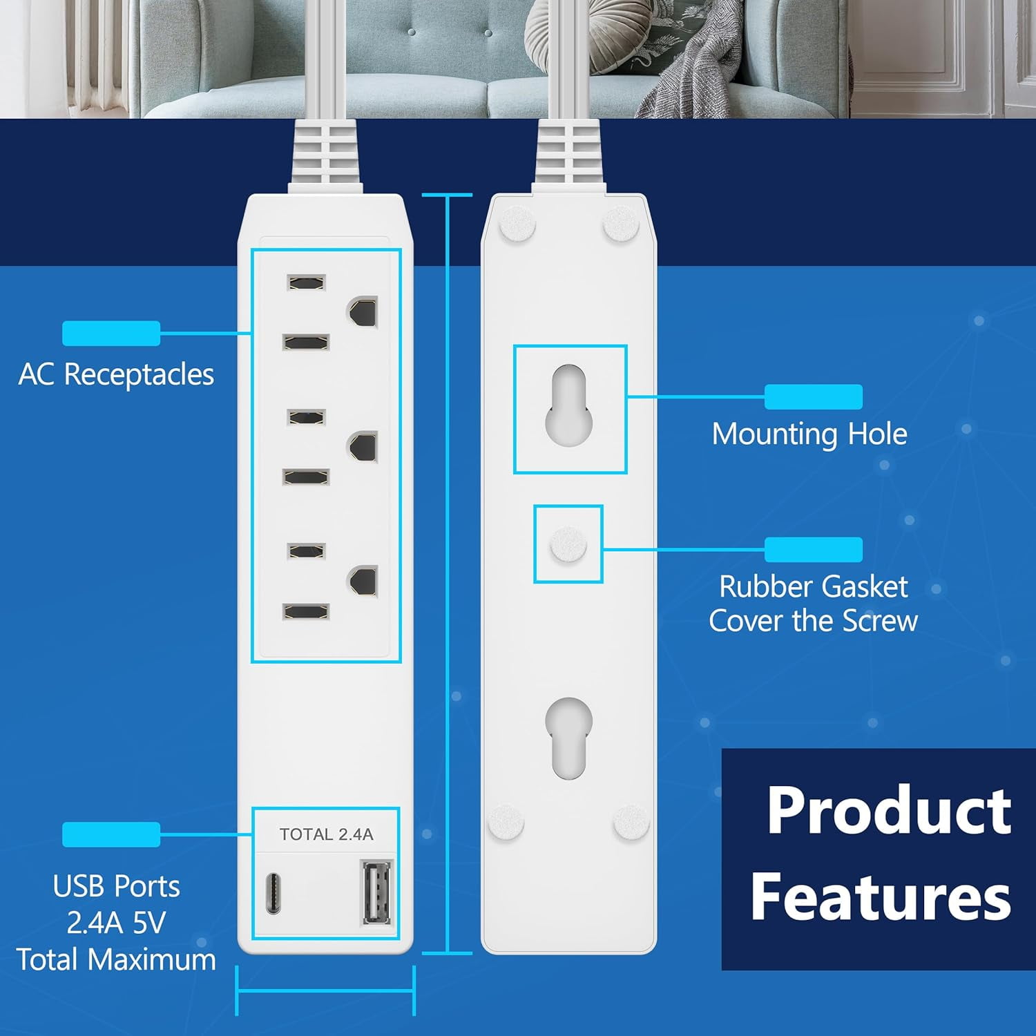 GHRTGR-Outlet Extender with 3 Receptacles, 12W USB Type-A, and USB Type ...
