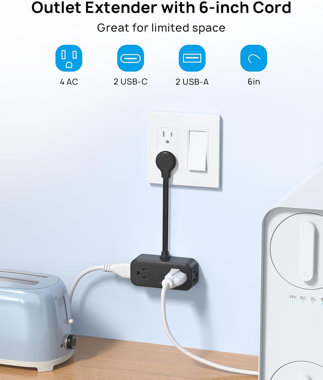 GHRTGR-Outlet Extender with 6 Inch Cord, Multi Plug Wall Outlet with 4 ...