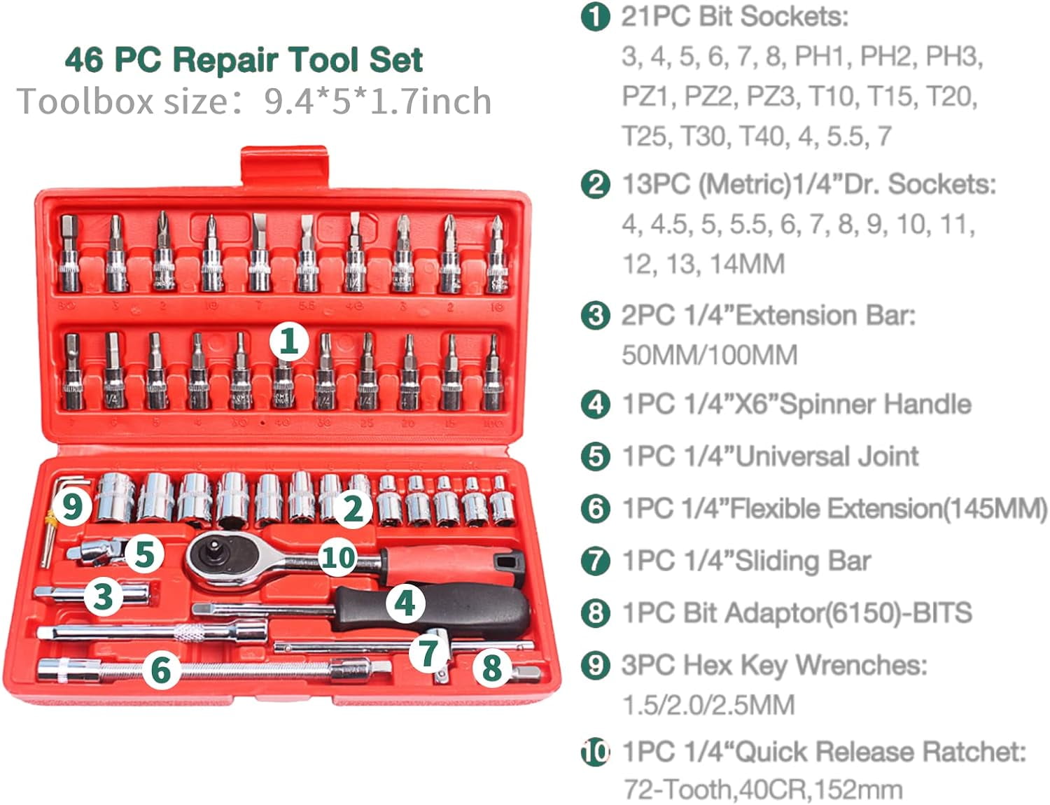 GHRTGR-Socket Ratchet Wrench Set, 46 piece 1/4-inch drive includes bit socket set and extension ...