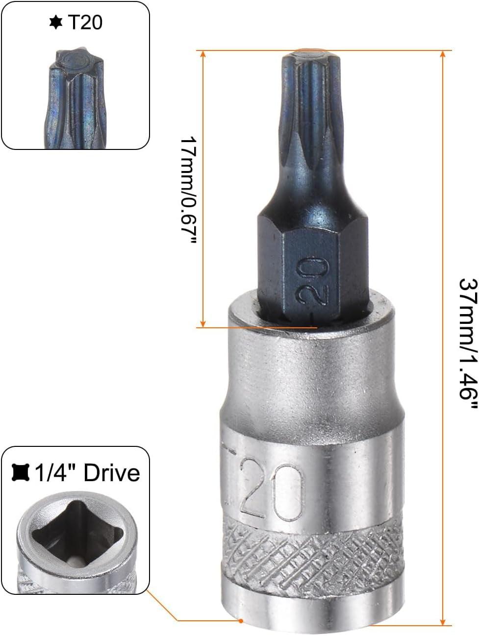 GHRTGR-Torx Bit Socket T20 Solid Star 1/4" Drive 1.46" Length S2 Steel Bit CR-V Socket for ...