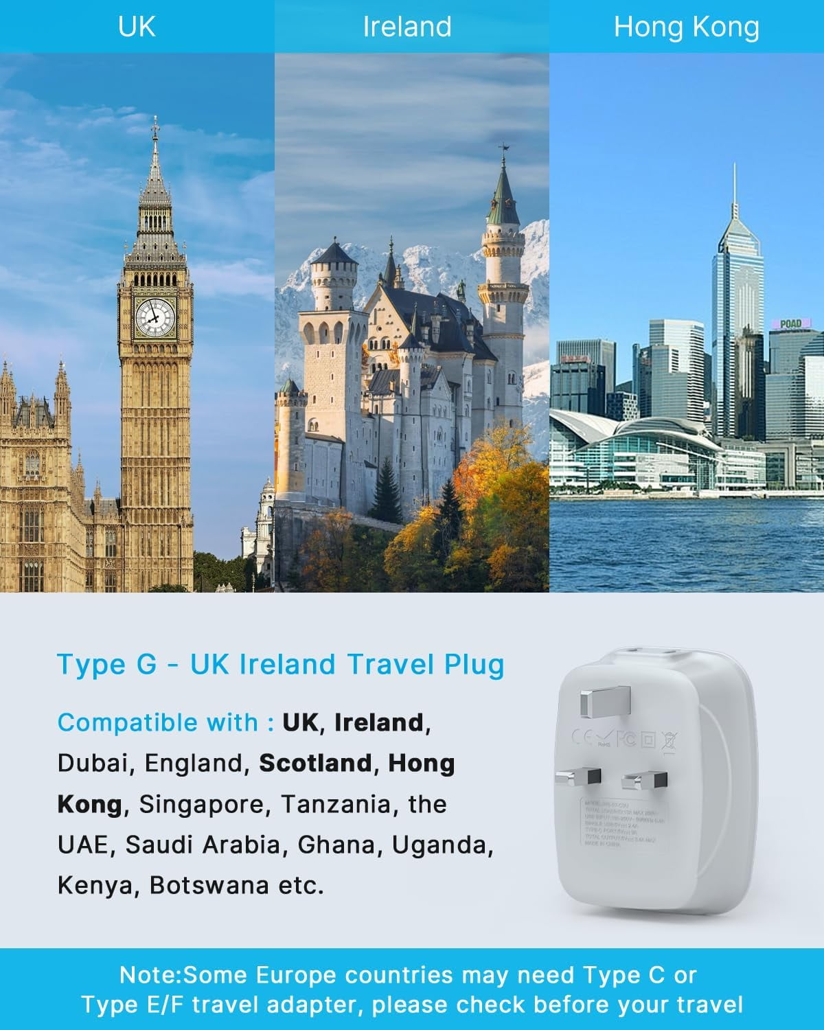 GHRTGR-US to UK Ireland Travel Plug Adapter 2 Pack, Type G Plug Adapter ...