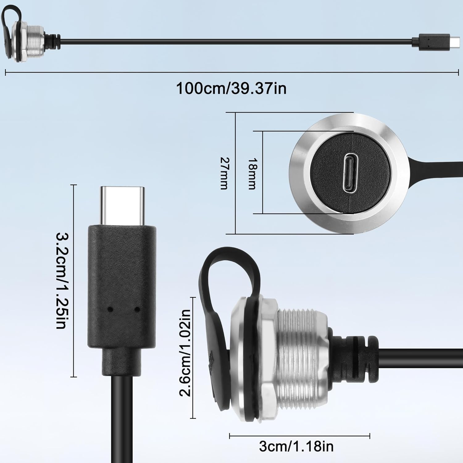 GHRTGR-USB C 3.0 Panel Mount Extension Cable - Type-C Male to Female ...