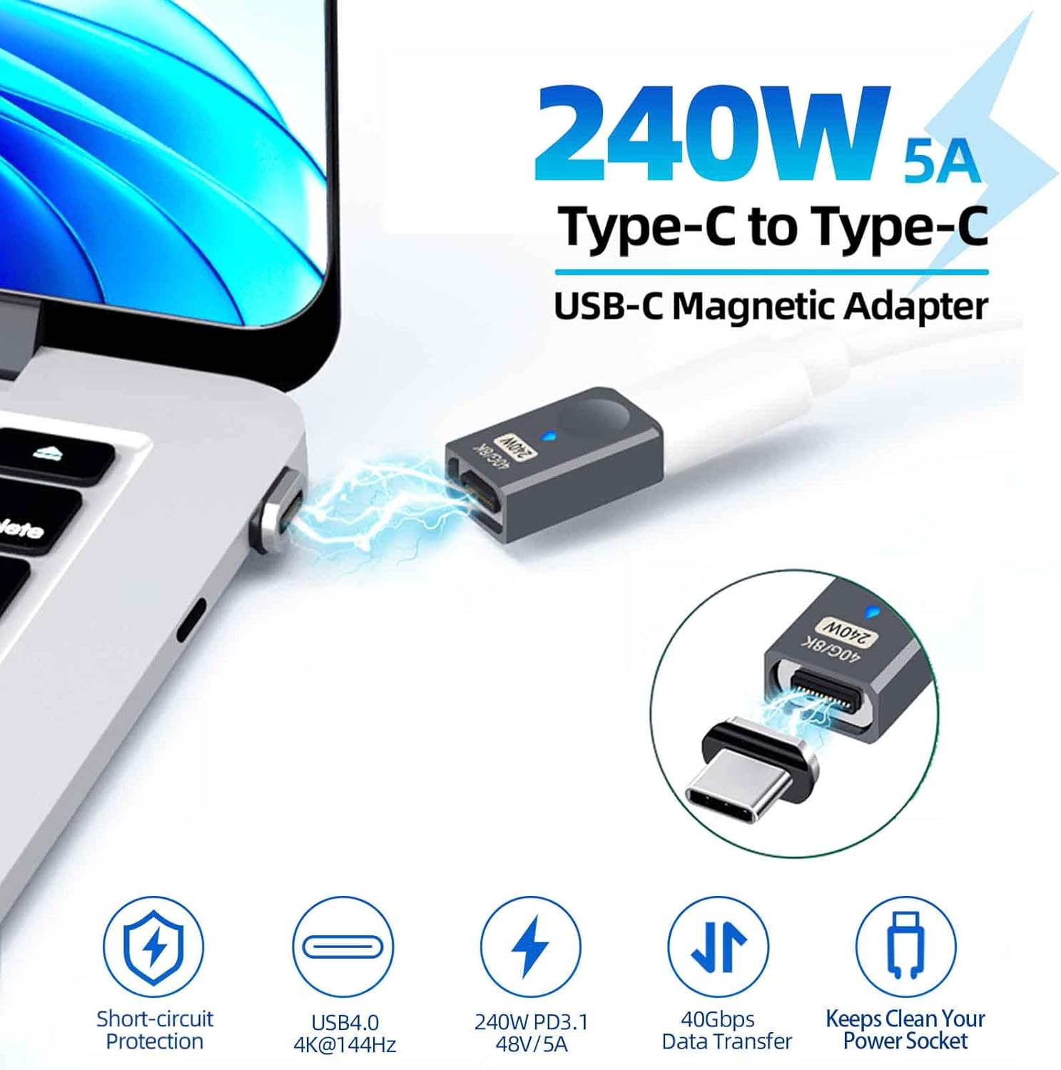 GHRTGR-USB C Magnetic Adapter (40Gbps 240W 8K60Hz, Black), USB4.0 Type C Connector with PD 240W ...