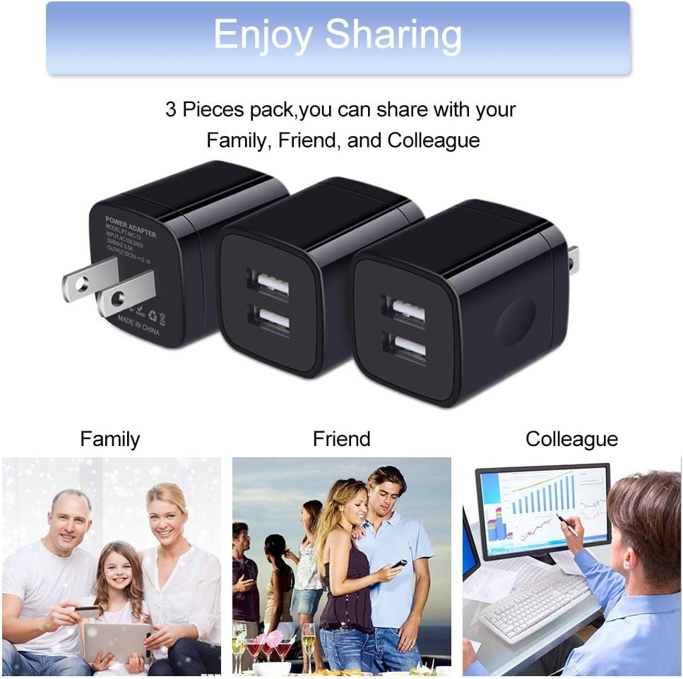 GHRTGR-USB Wall Charger Box, 3Pack 2.1A Dual USB Charging Block Brick ...