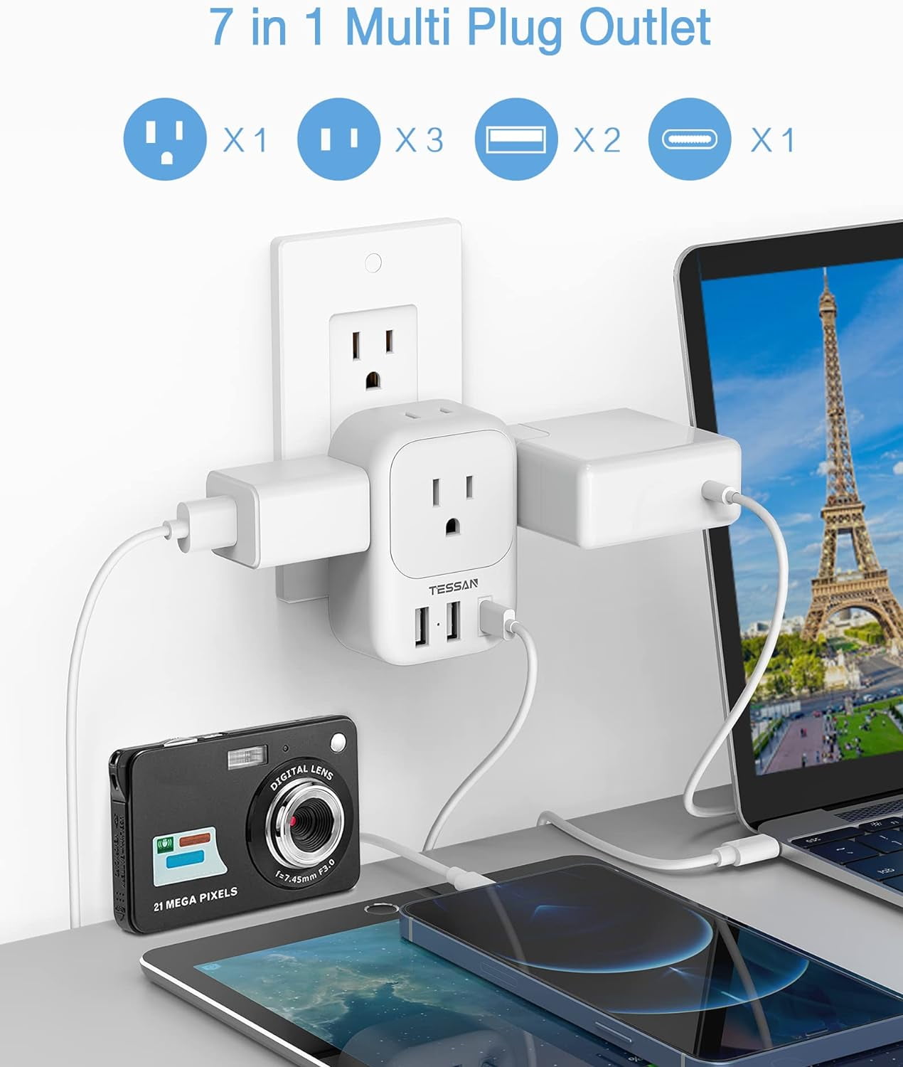 GHRTGR-USB Wall Charger, Wall Plug Adapter Outlet Extender, 3 Charger ...