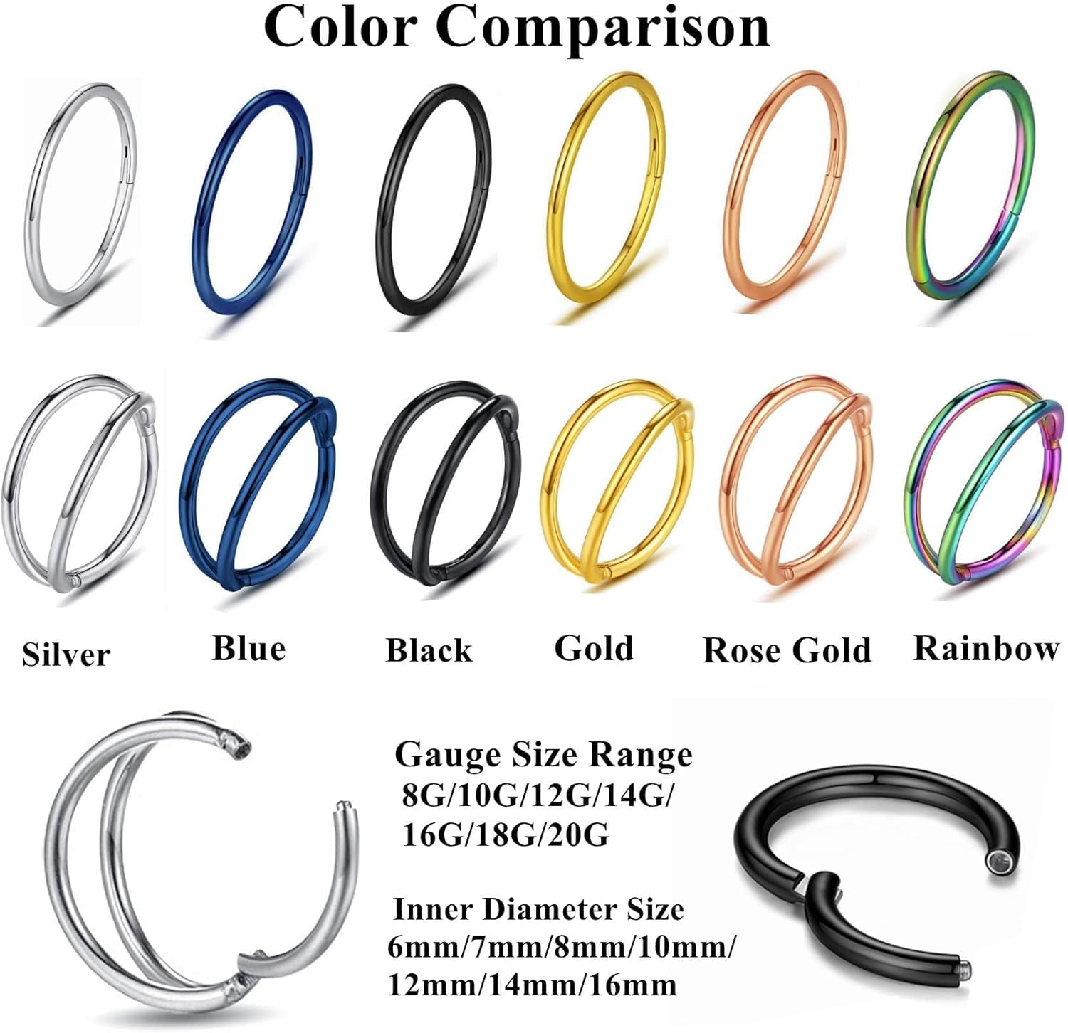 GHRTGR-YROGCU Nose Ring Lip Septum Earring-Clicker: Double/Triple Ring Open Stacked Ring 14G/16G ...