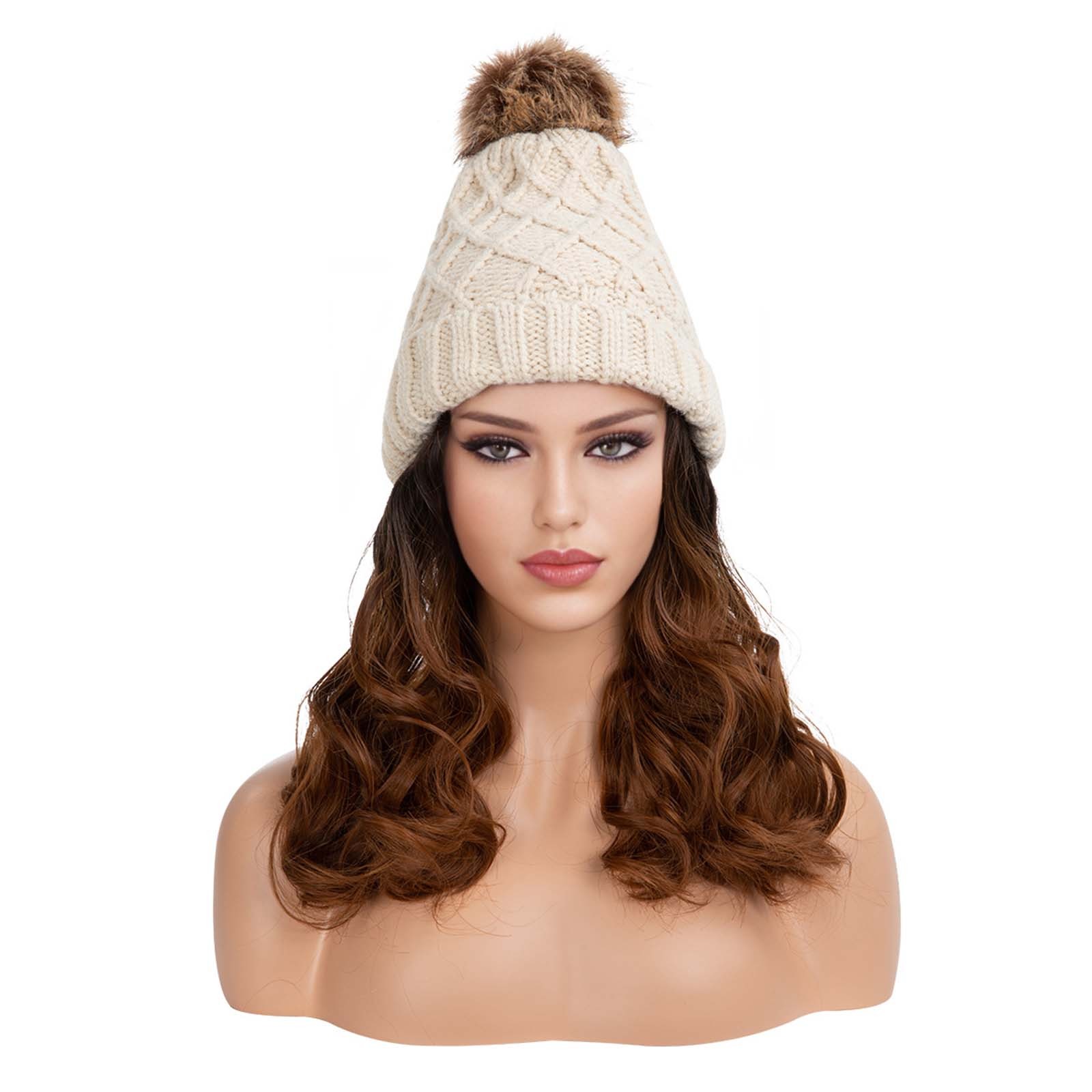 GHSOHS Hat Silk Bonnet Beanie Cowboy Hat Wig Knit with Long Wavy Curly ...