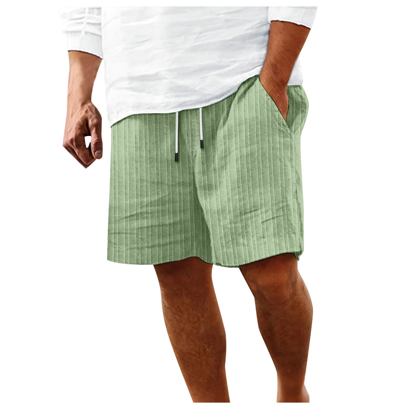 GHSOHS Mens Casual Cotton Linen Shorts Elastic Waist Drawstring Striped ...
