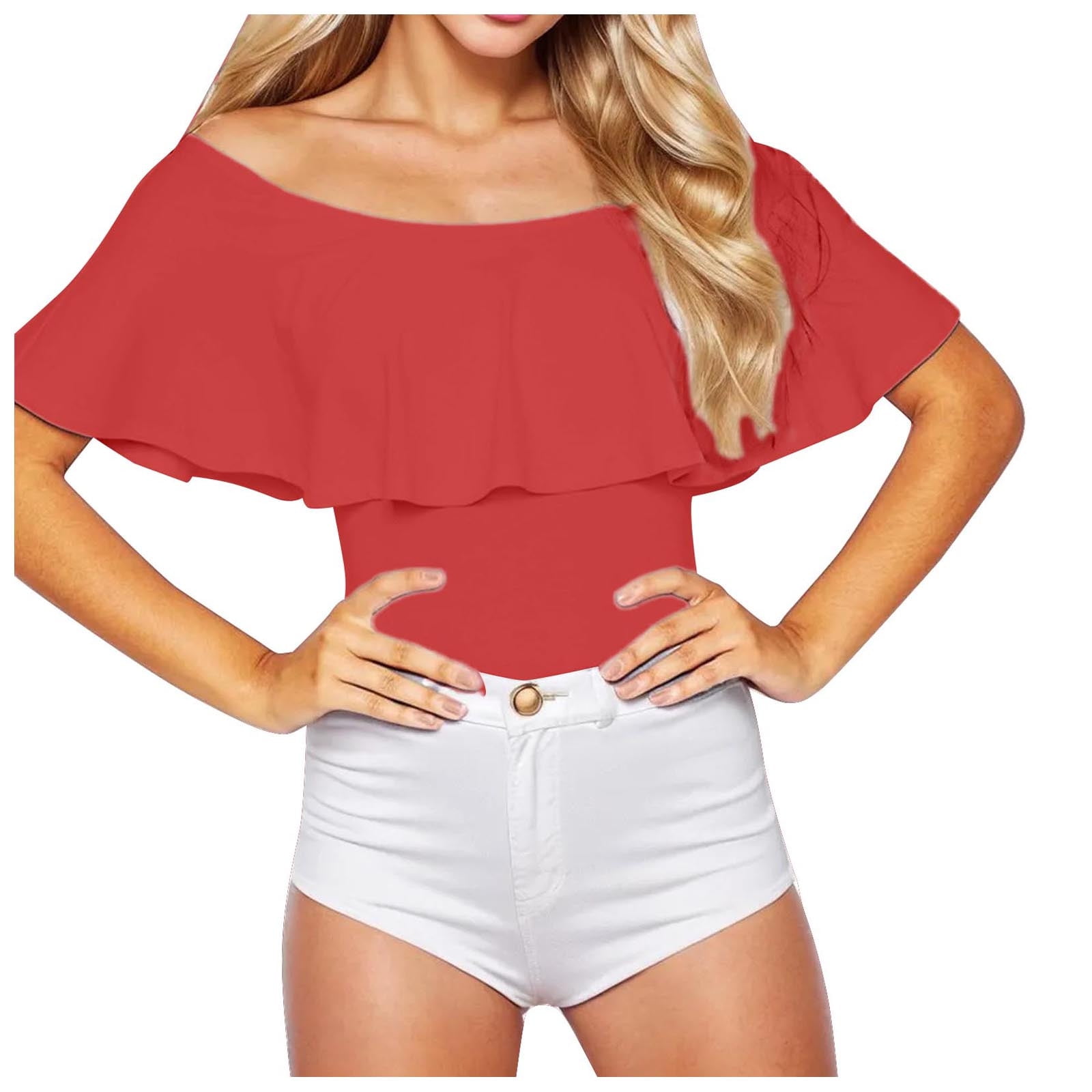 Ghsohs Off Shoulder Ruffled Bodysuits For Women Casual Stretch Solid