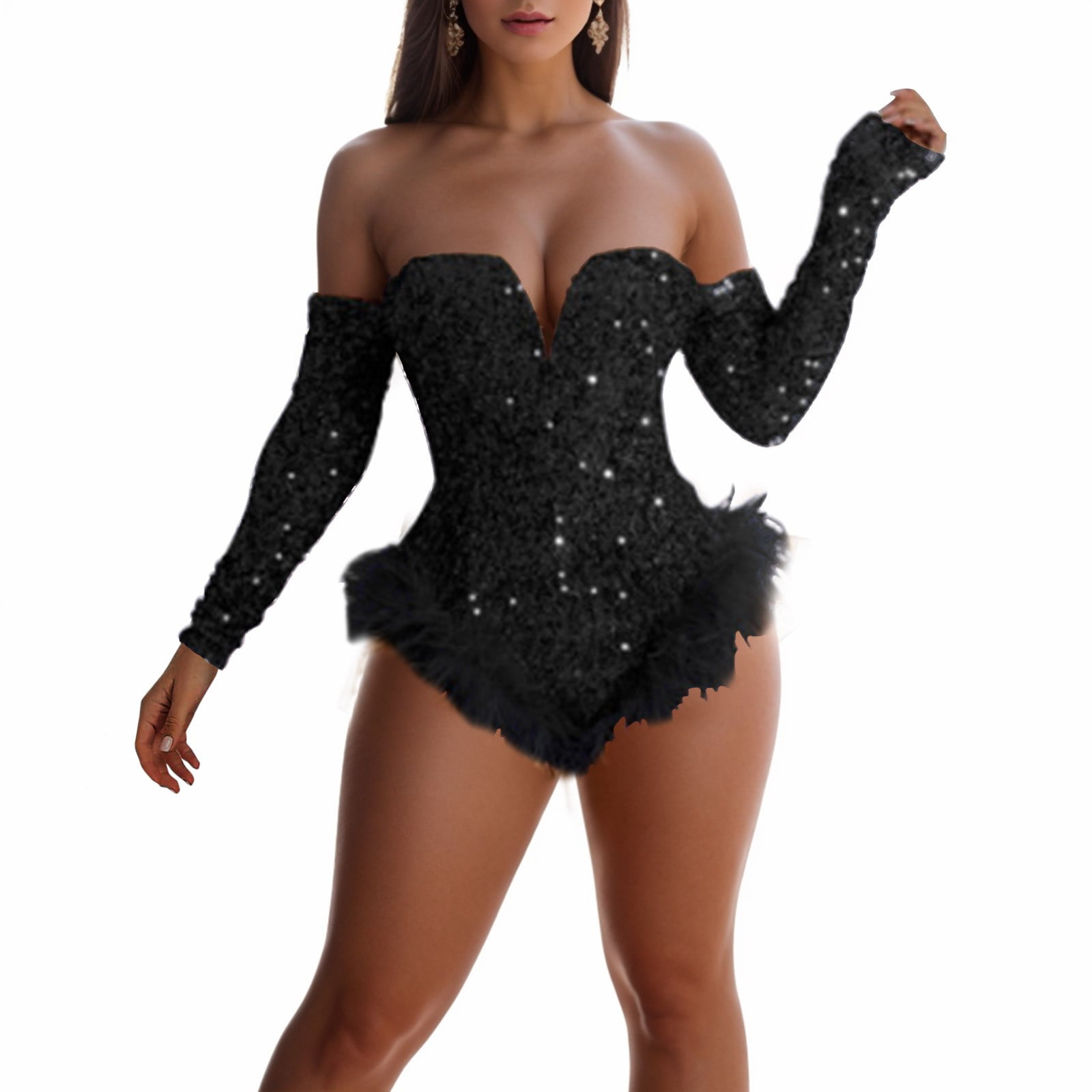 Ghsohs Sequin Tops Bodysuits For Women Fashion Glitter Feather