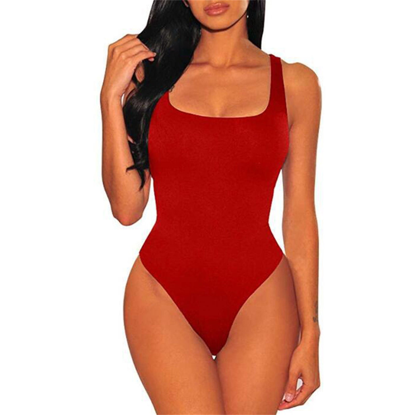 GHSOHS Stretch Basic Square Neck Sleeveless Bodysuits for Women Seamless Sports Yoga Workout ...