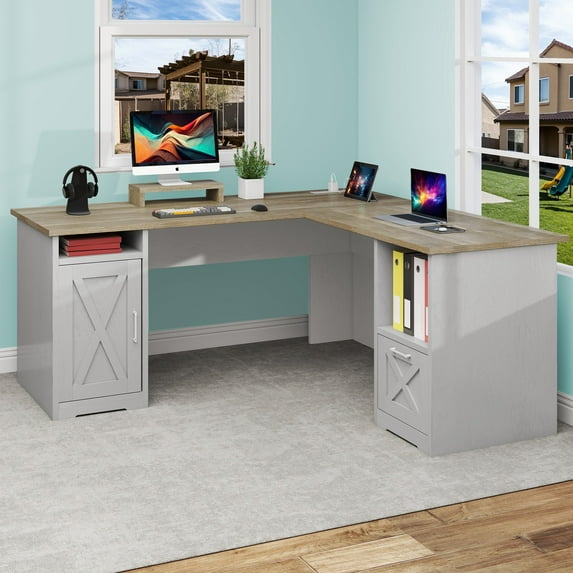 GHooa 60 inch L-Shaped Gaming Laptop Table Office Desk with Power ...