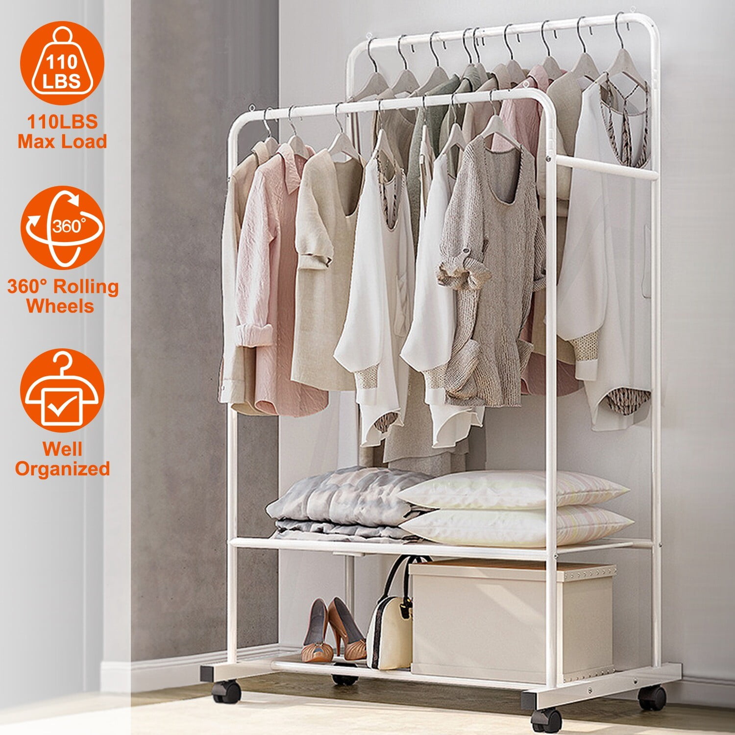 GHooa Clothing Rack with Wheels Double Rails Rolling Rack Bedroom Shoe ...