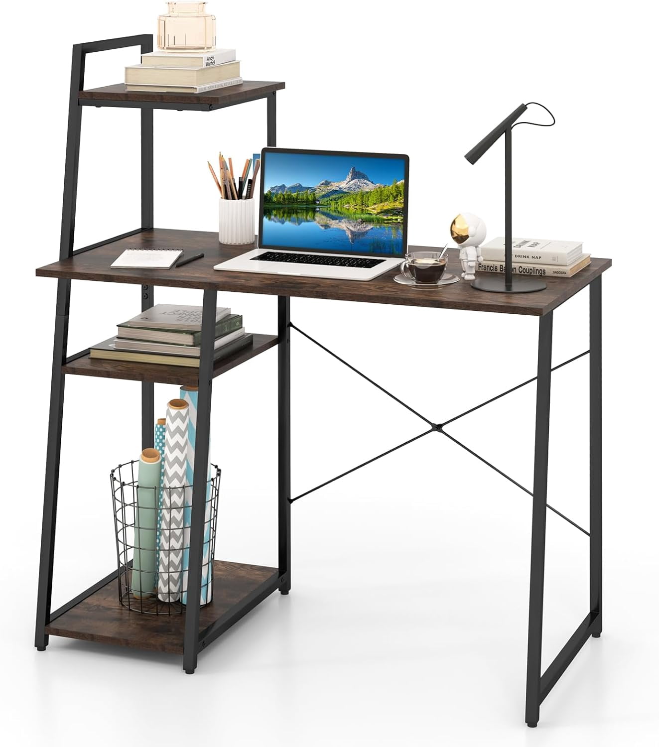 GHooa Computer Desk with Ladder Shaped Shelves, Compact Home Office ...