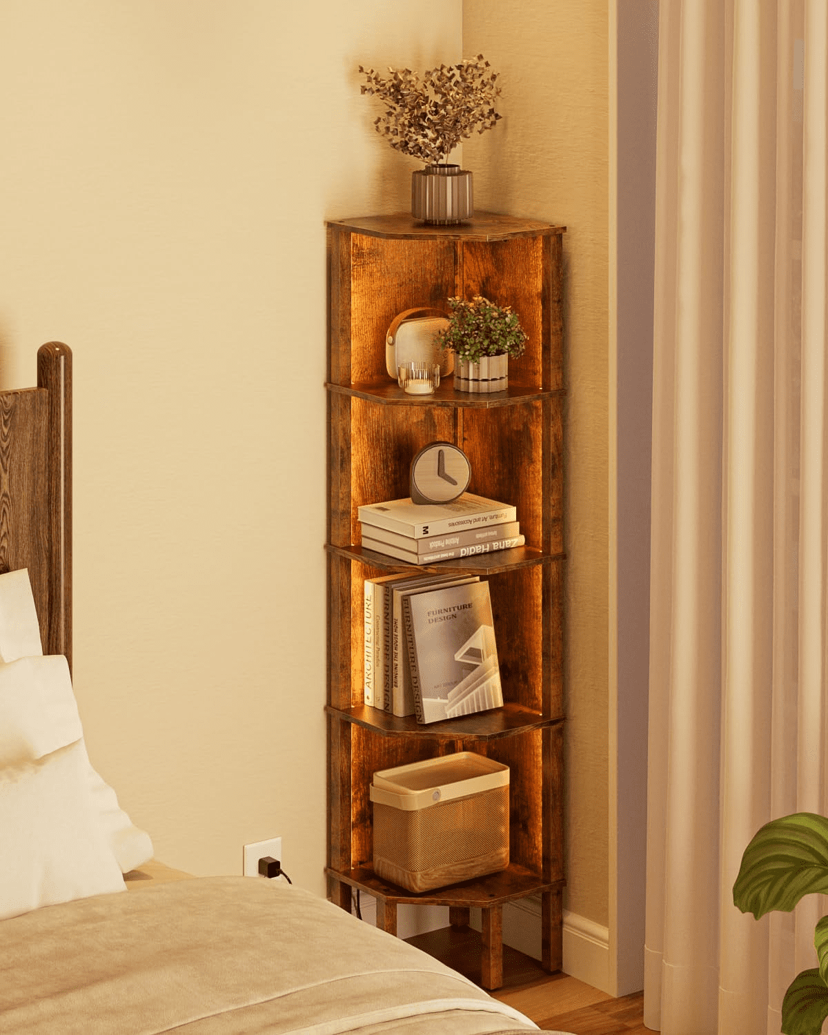 GHooa Corner Shelf, 5 Tier Corner Bookshelf with LED Light,Wall Display ...