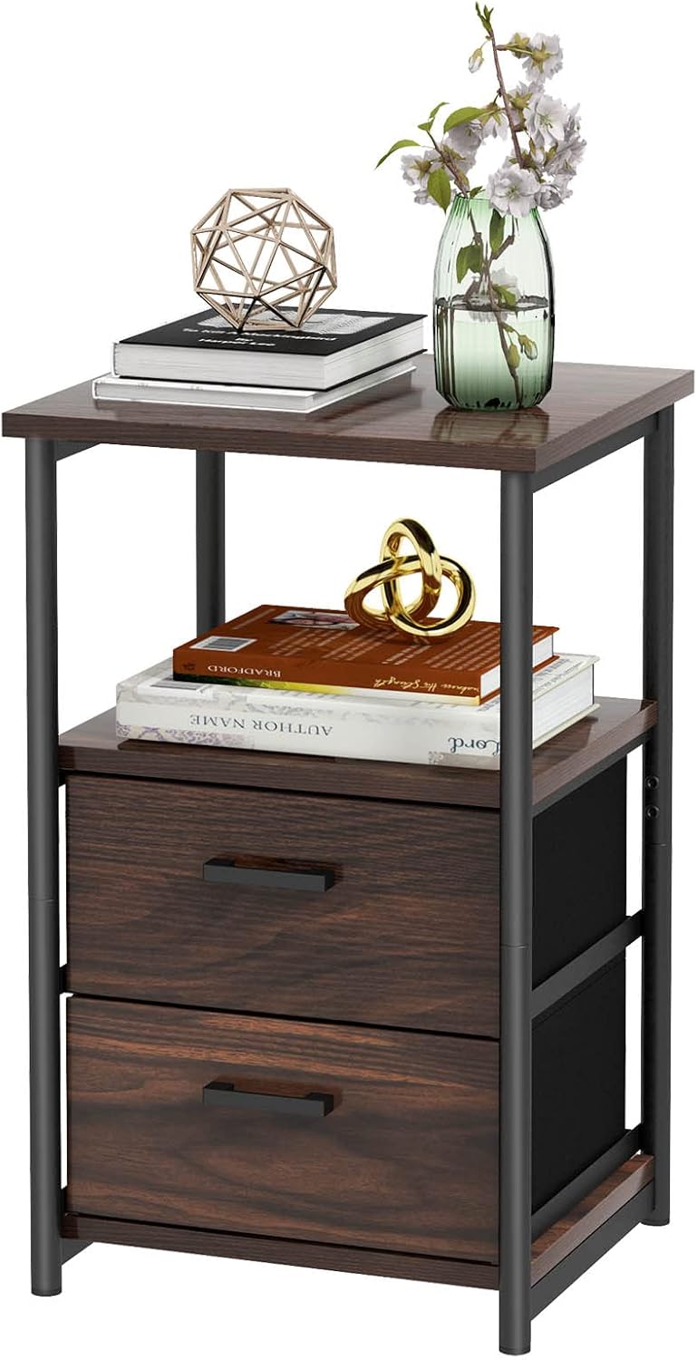 GHooa Nightstand with 2 Fabric Drawers, 3-Tier Bedside Sofa Side Table ...