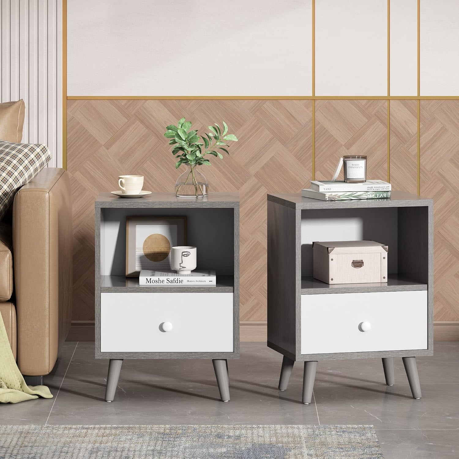 GHooa Nightstands Set of 2, Night Stand with Drawer and Open Storage ...