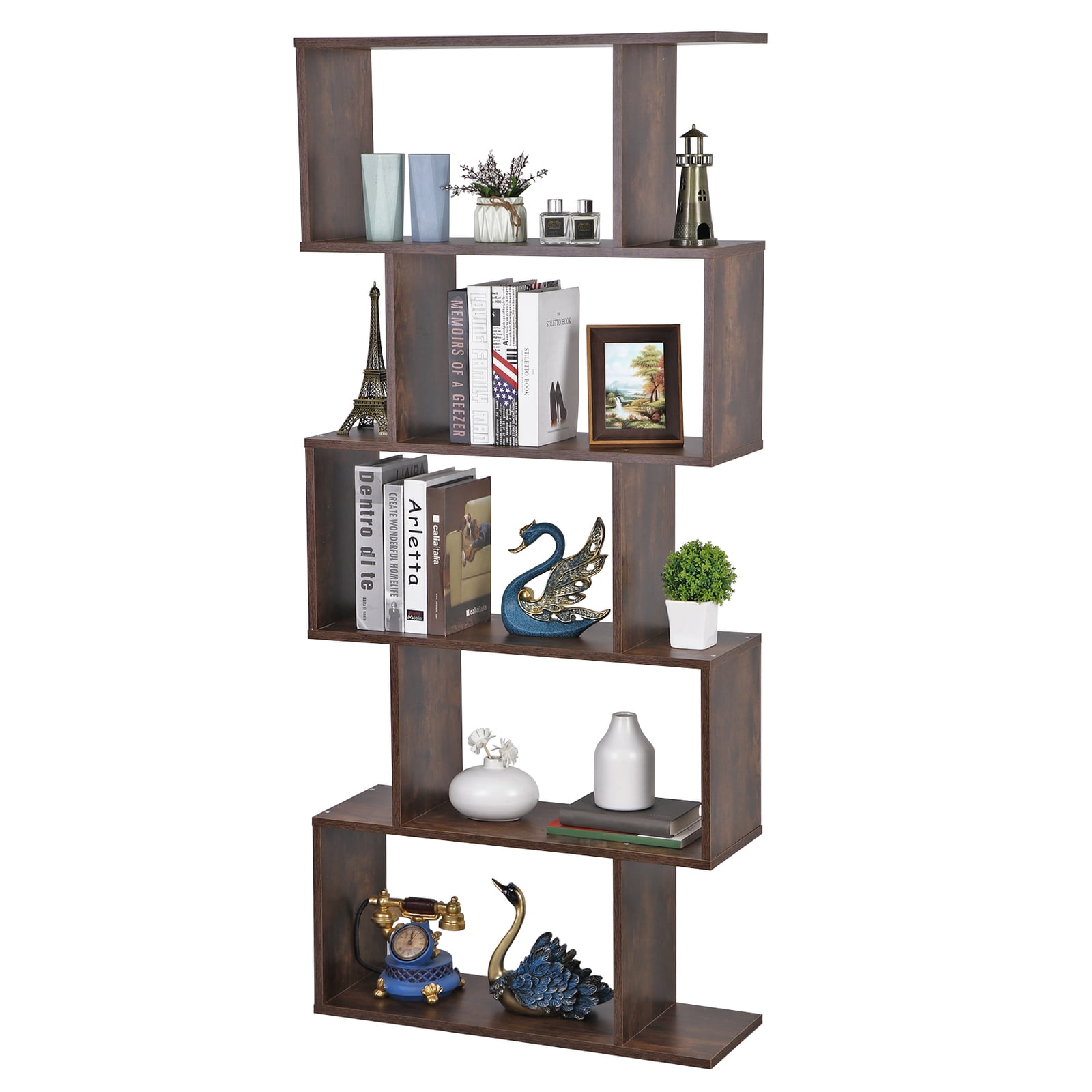 GHooa Wooden Bookshelf Geometric Bookcase S-Shaped Shelf for Living ...