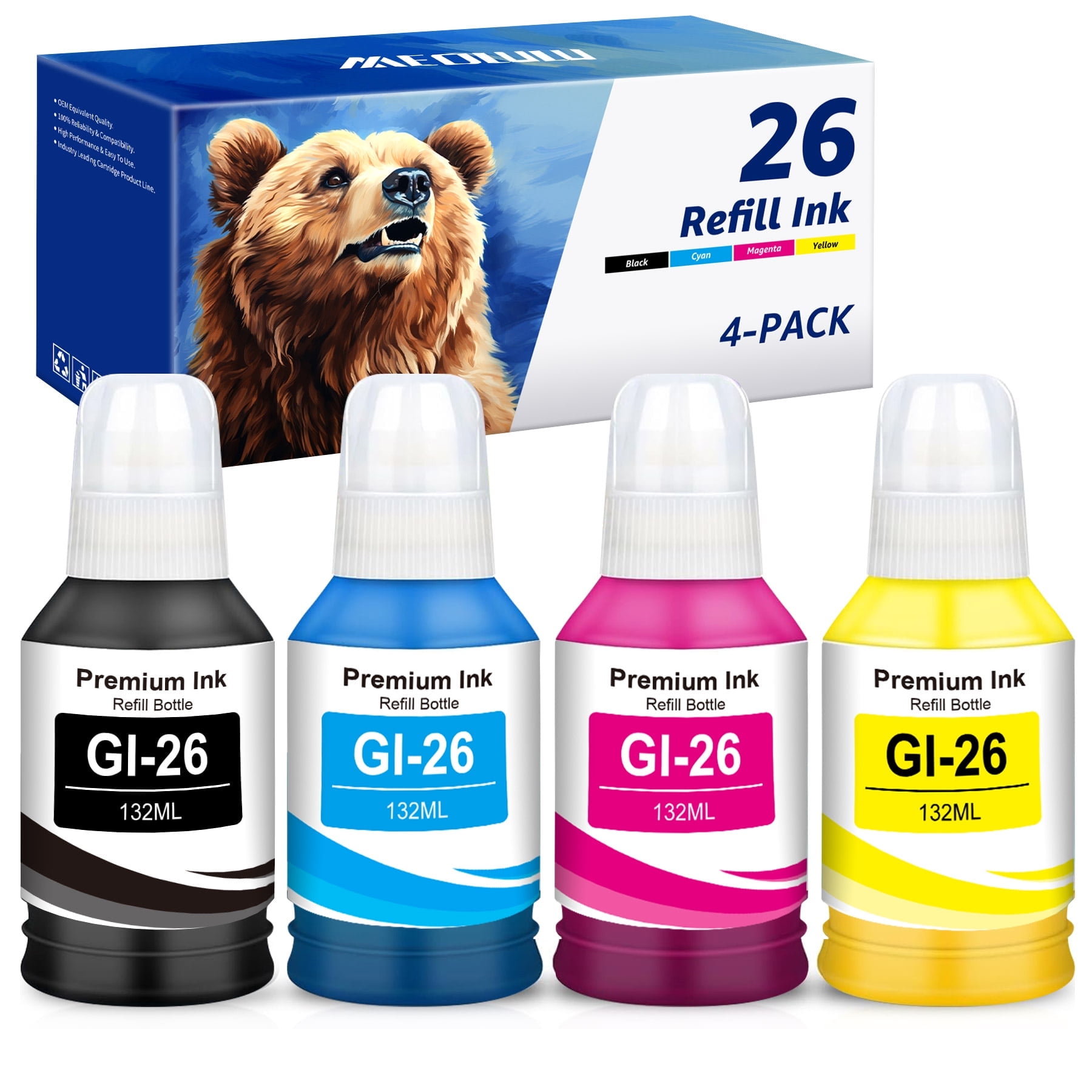 GI26 Ink Bottle Compatible for Canon GI26 GI-26 BK GI-26BK GI-26C GI-26M GI-26Y MAXIFY GX6020 ...
