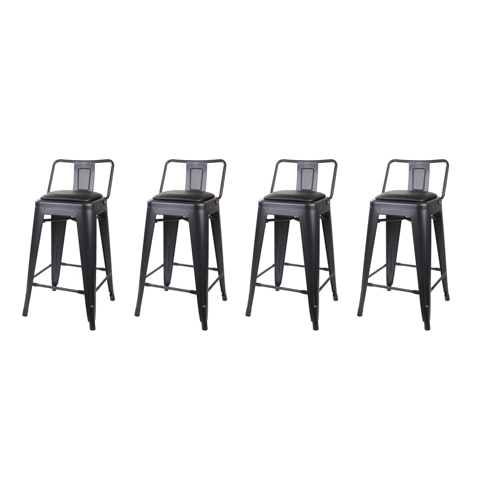 GIA Design Group 24 Inch Counter Height Low Back Metal Stools with Vegan Leather Seat, Black ...