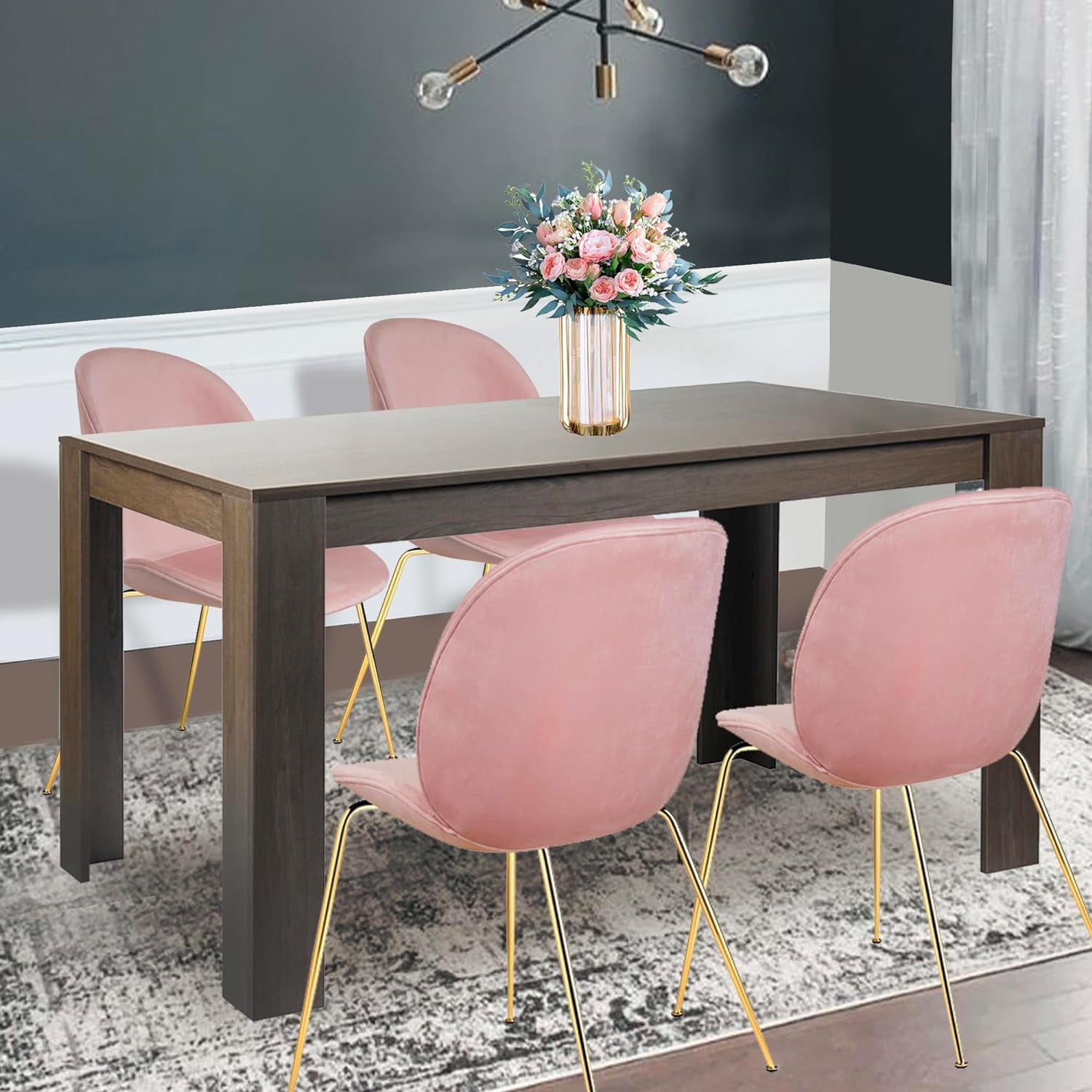 GIA Design Group 5 Piece Dining Table Set Rectangular Wood Table and 4 Pink Chairs 29.53 X35.04 X59.05 Contemporary Collection Modern Style for
