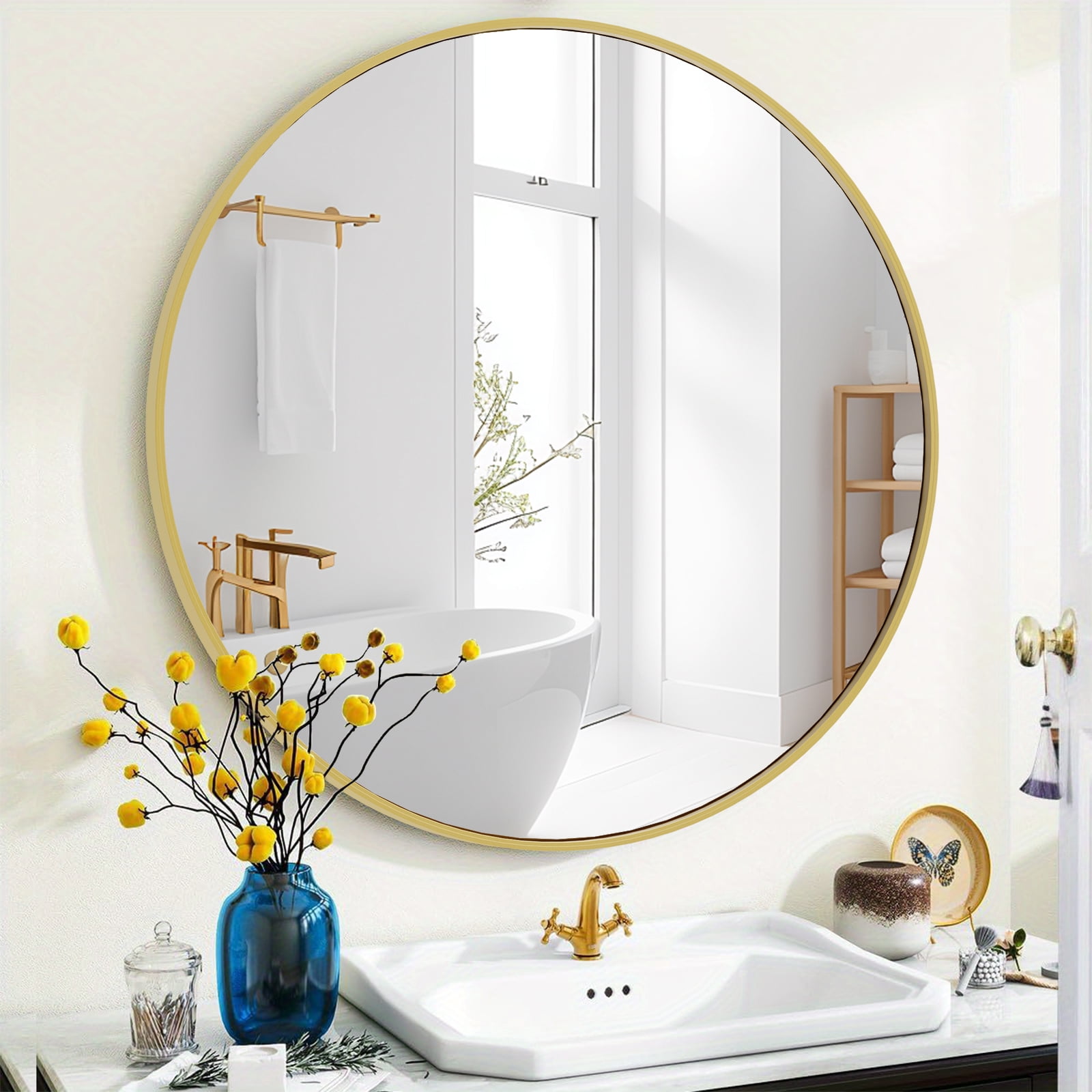 GIANNA 20 Inch Round Mirror - Gold Metal Frame - Wall Mirror - Walmart.com