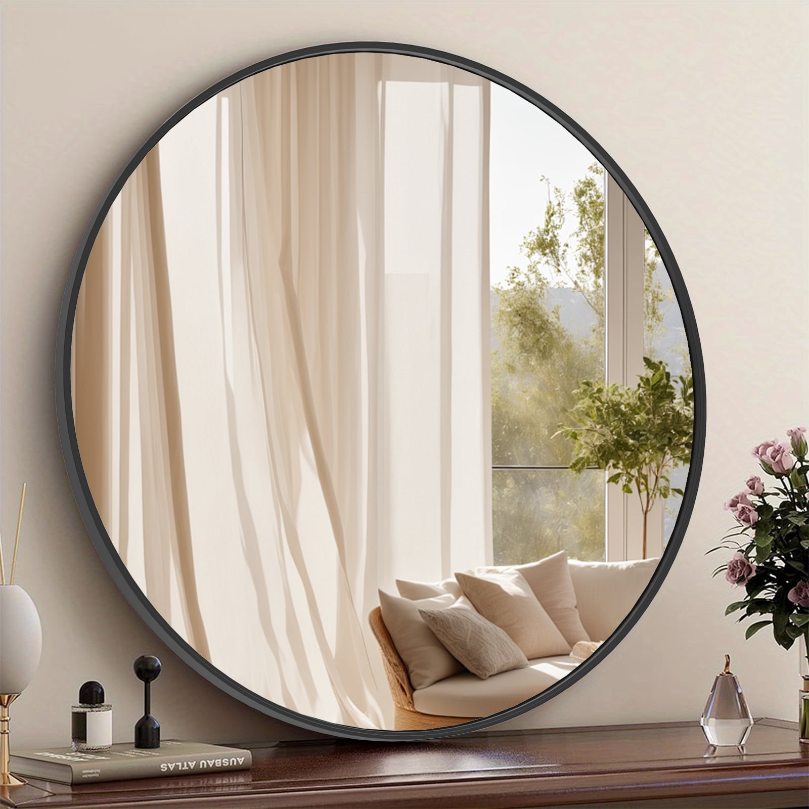GIANNA 24 Inch Round Mirror - Black Metal Frame - Walmart.com