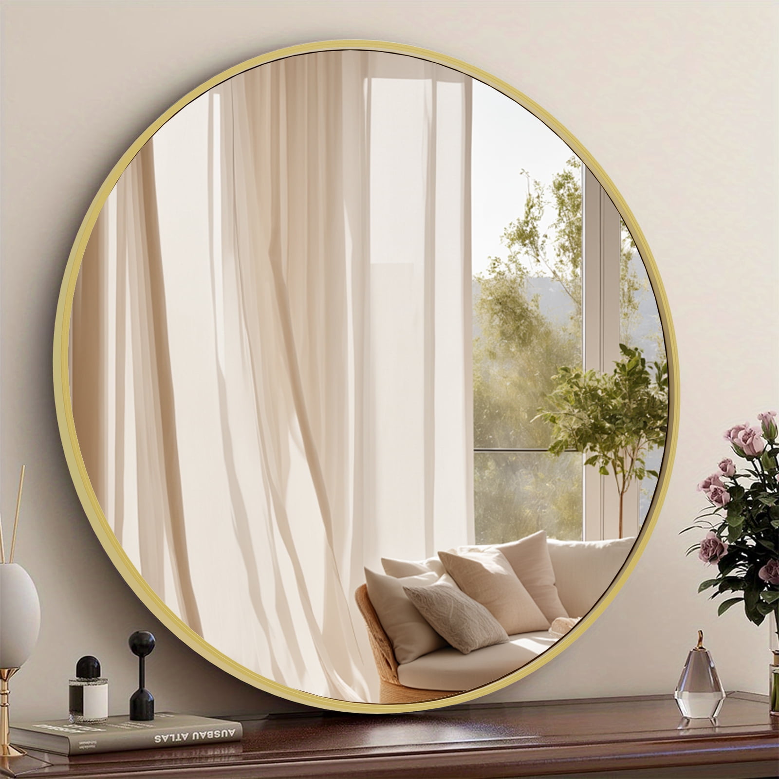 Gianna 24 Inch Round Gold Metal Frame Circle Wall Mirror for Entryway ...
