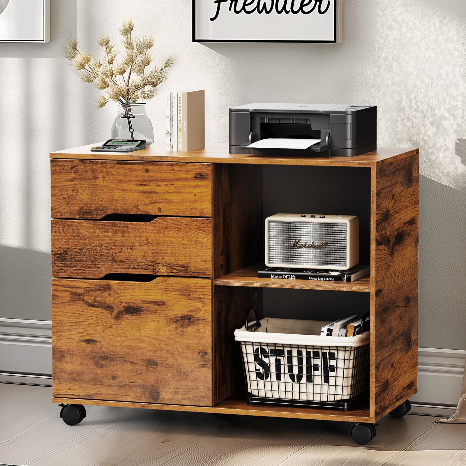 GIANNA 3 Drawer File Cabinet with Wheels, Rolling Wood Printer Stand ...