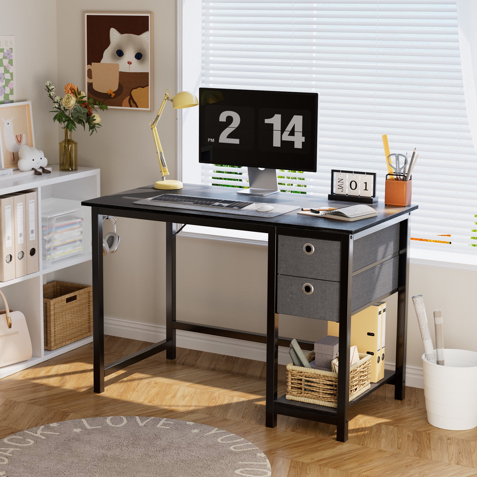 GIANNA 40 Inch Compact Computer Desk with Drawers, Space-Saving Wooden ...