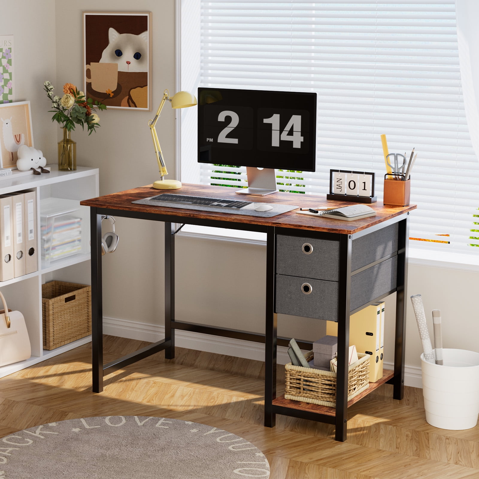 GIANNA 40 Inch Compact Computer Desk with Drawers, Space-Saving Wooden ...