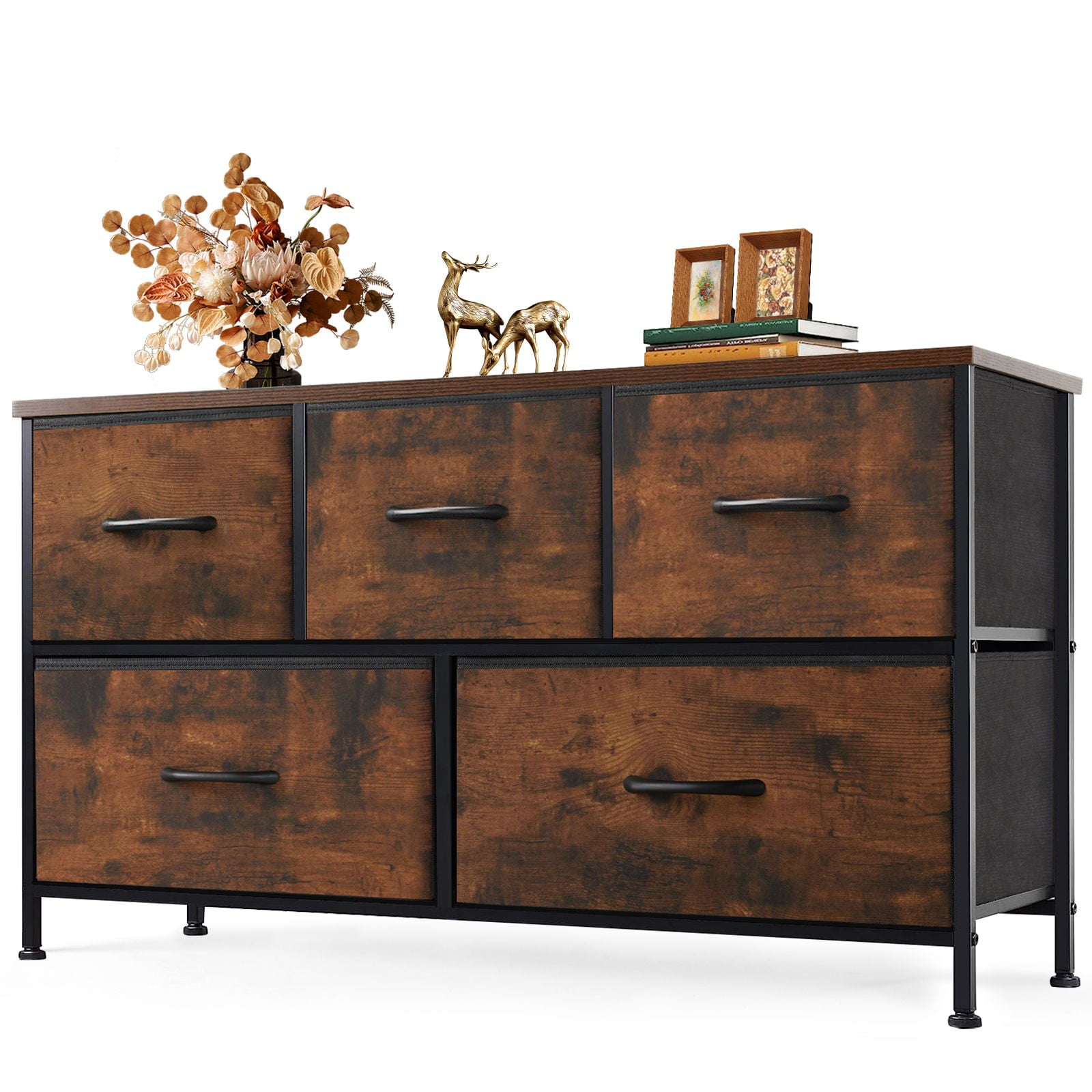 Gianna 5 Drawer Chest with Fabric Bins, Tall Steel Frame, Rustic Brown ...