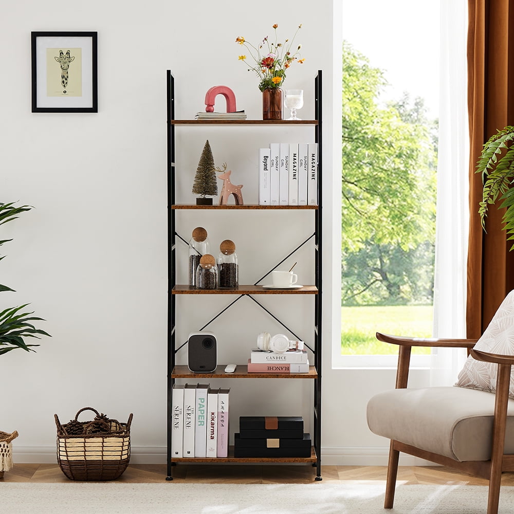 GIANNA 5-Tier Wooden Bookshelf with Adjustable Feet, Metal Frame ...