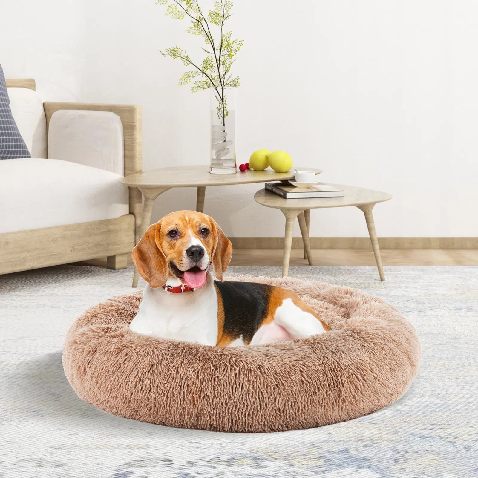 GIANNA Calming Anti-Slip Pet Bed, Cozy Fluffy Faux Fur Plush Round Dog ...