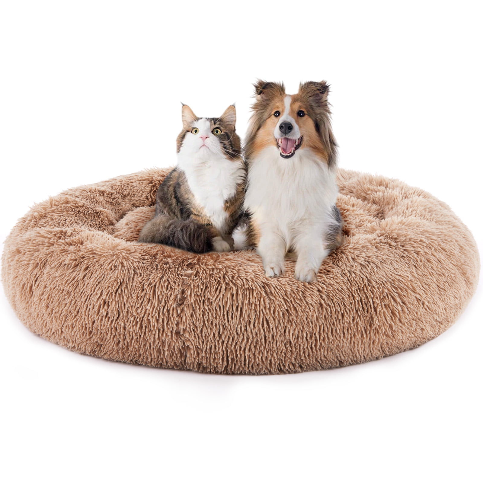 GIANNA Calming Donut Dog & Cat Bed, Machine Washable Cozy Fluffy Faux ...