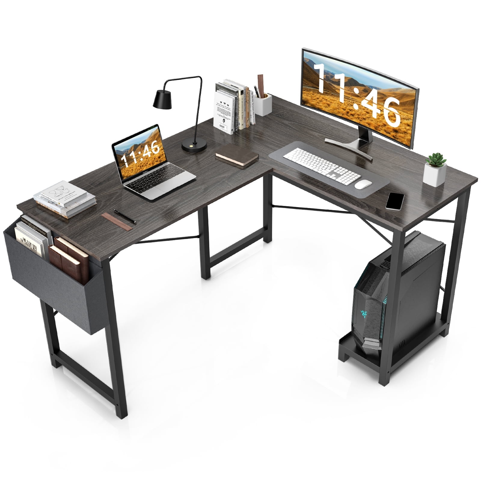 CONCETTA L Shaped Computer Desk with Wooden Desktop CPU Stand Side Bag ...