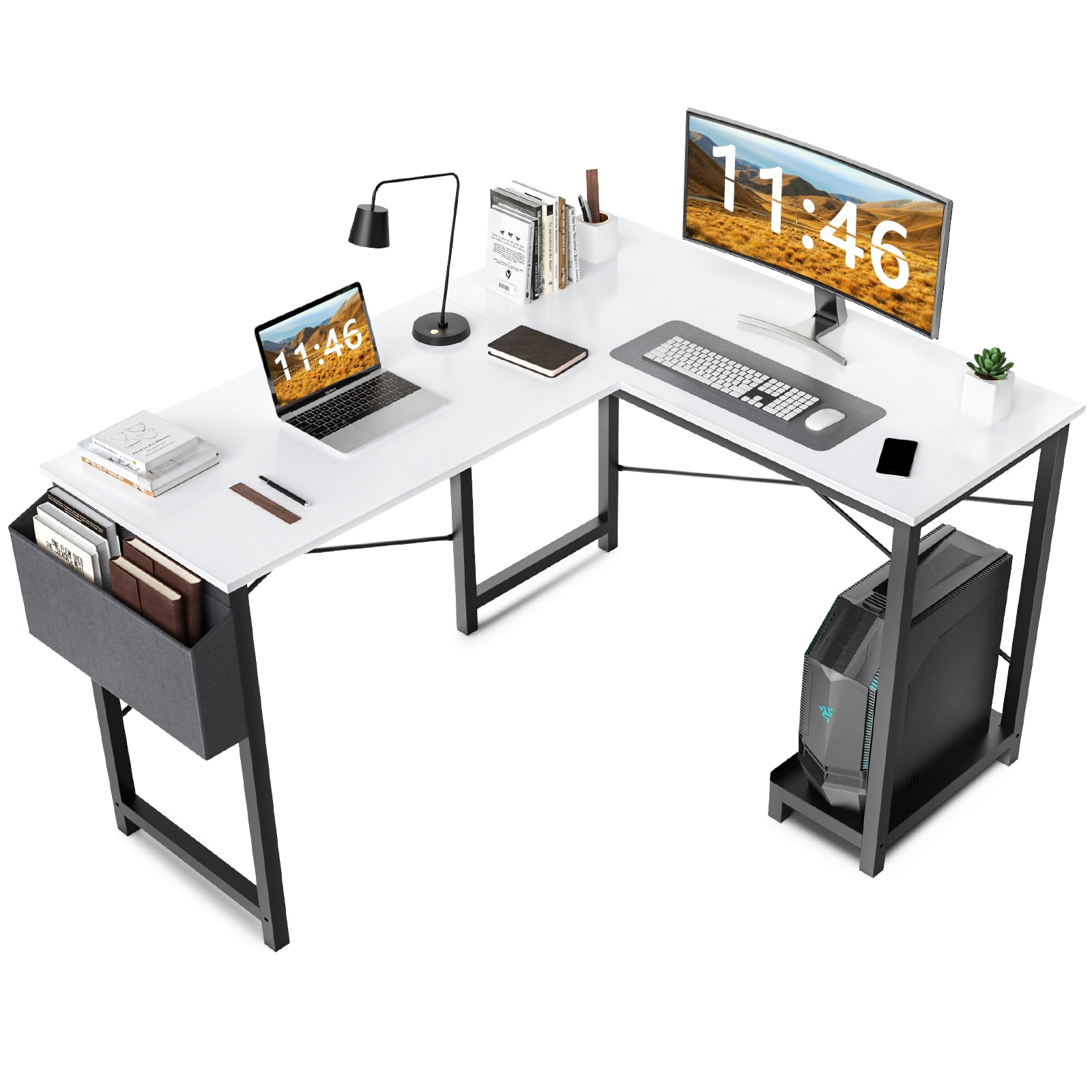 GIANNA L Shaped Computer Desk with Wooden Desktop CPU Stand Side Bag ...