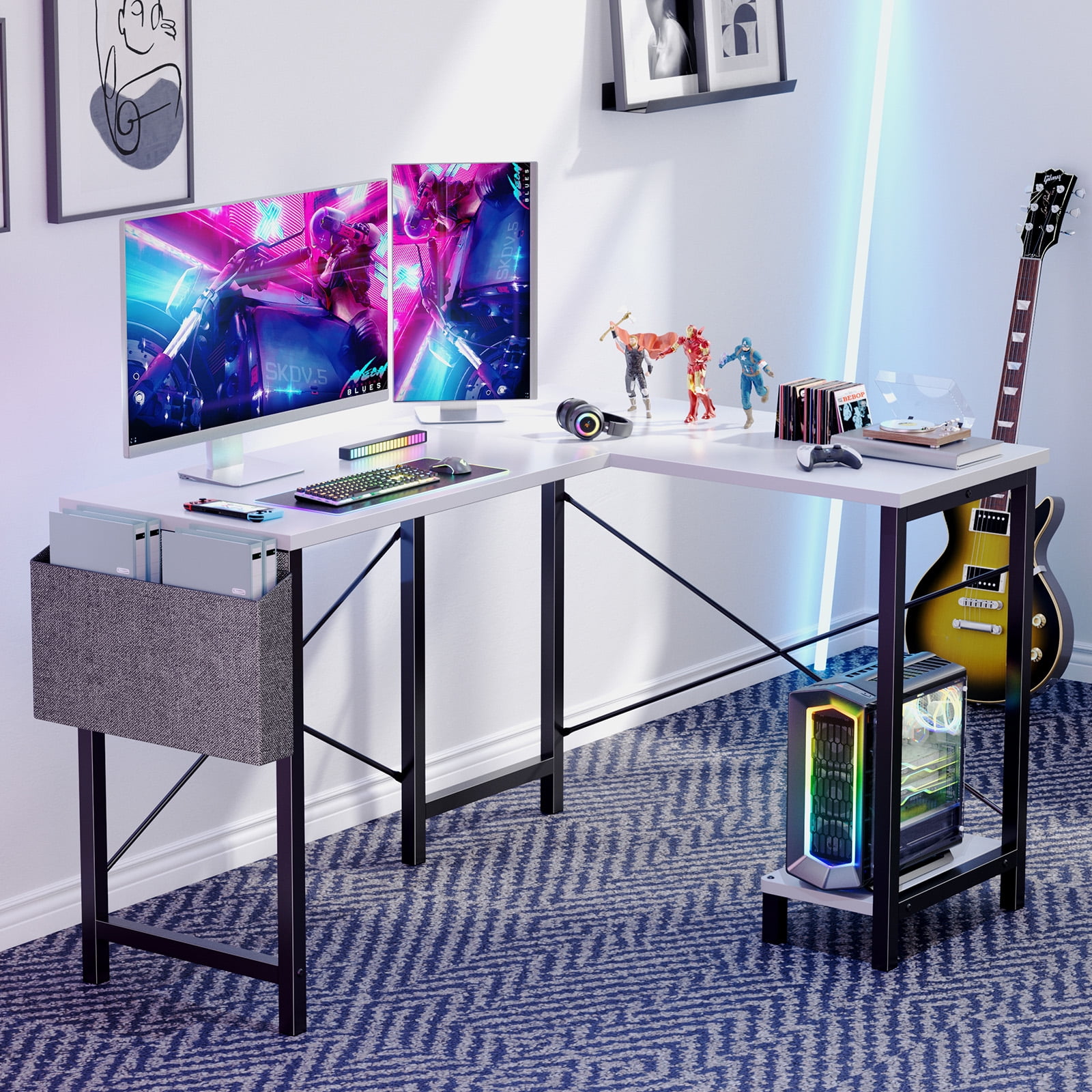 CONCETTA L Shaped Gaming Desk with Wooden Desktop CPU Stand Side Bag ...