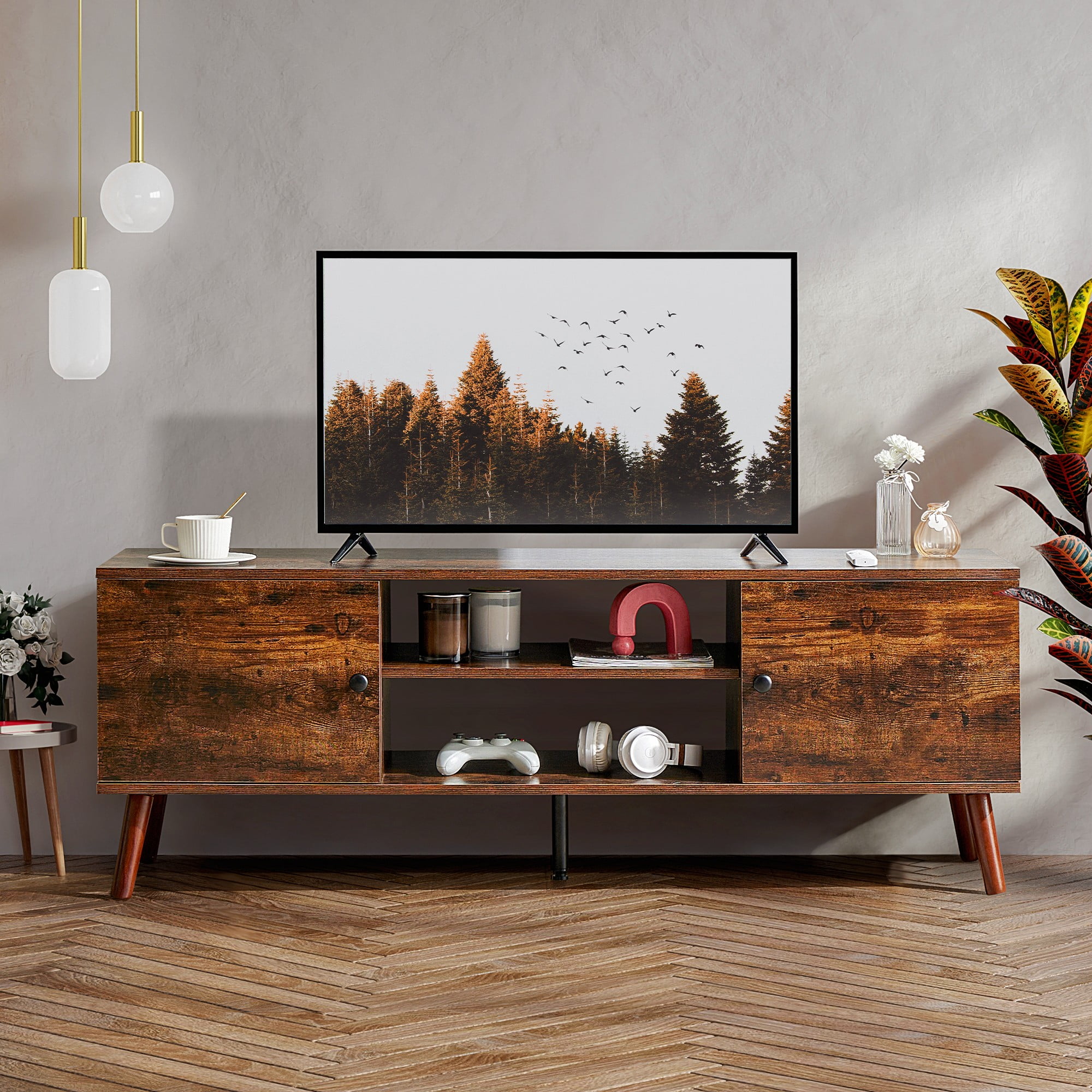 GIANNA Mid-Century Modern Wooden TV Stand for 55-60” TVs, 2 Storage Cabinets, Adjustable Shelf ...