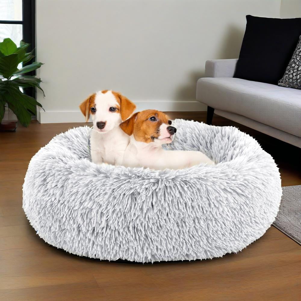 MCQ Round Dog Bed, Anti-Slip Fuzzy Pet Bed, Washable Cat Sofa Mat, Grey ...