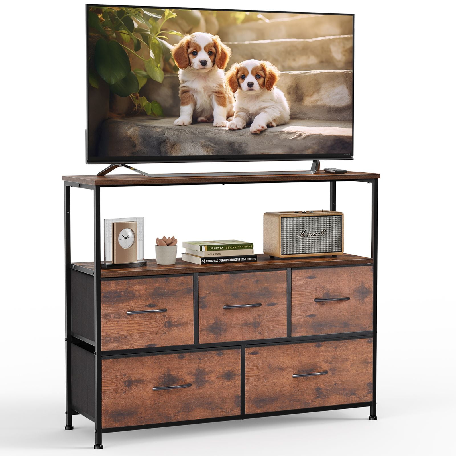 GIANNA TV Cabinet Stand, 5 Fabric Drawers & Adjustable Feet for Bedroom ...