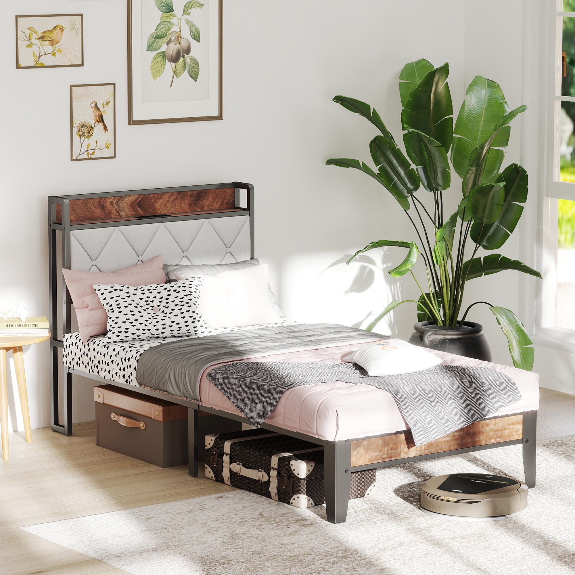 GIANNA Twin Bed Frame with Headboard, Underbed Storage, Built-in ...