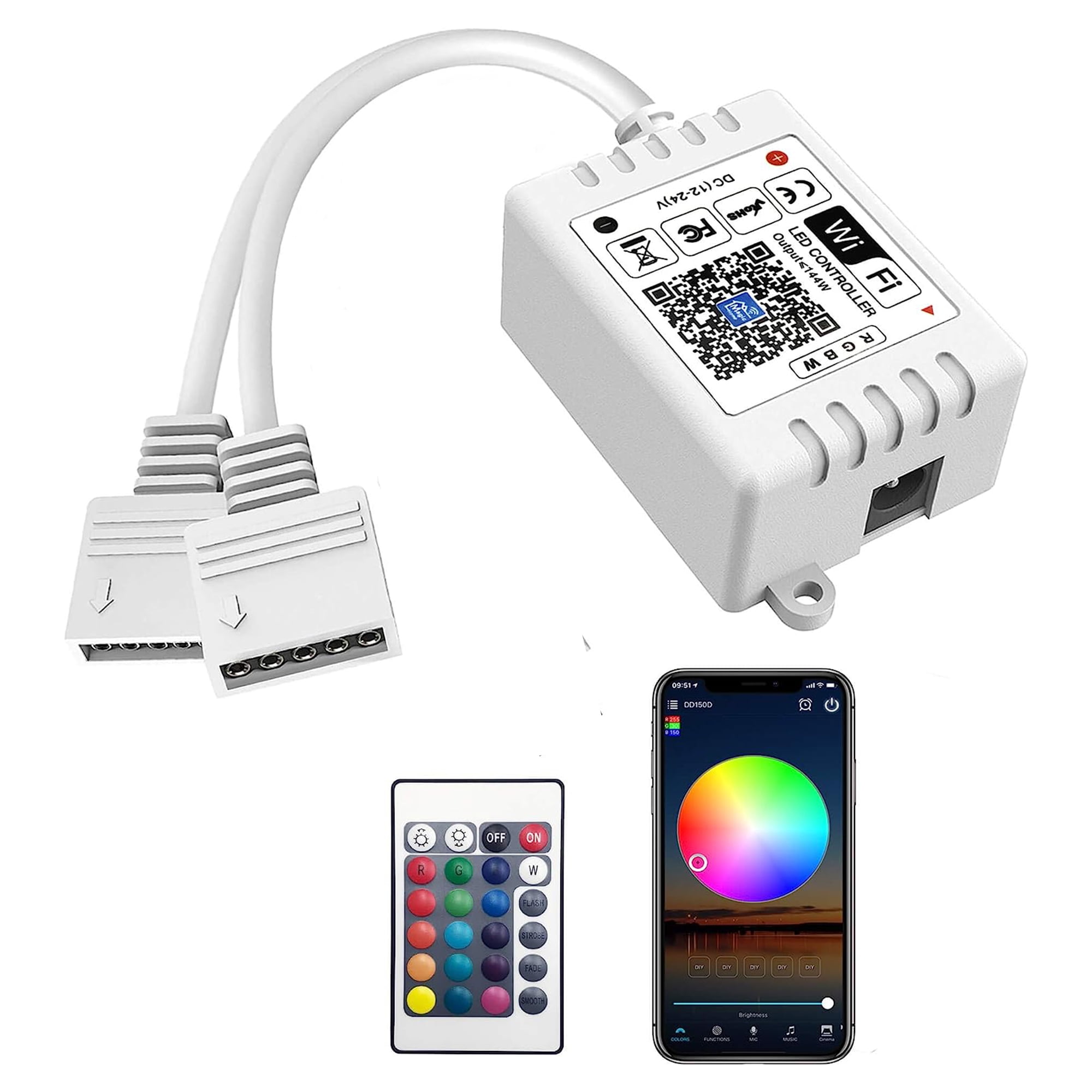 GIDEALED Smart WiFi RGBW LED Controller 2-Output 5 Pin with 24-Key RF Remote,Compatible with ...
